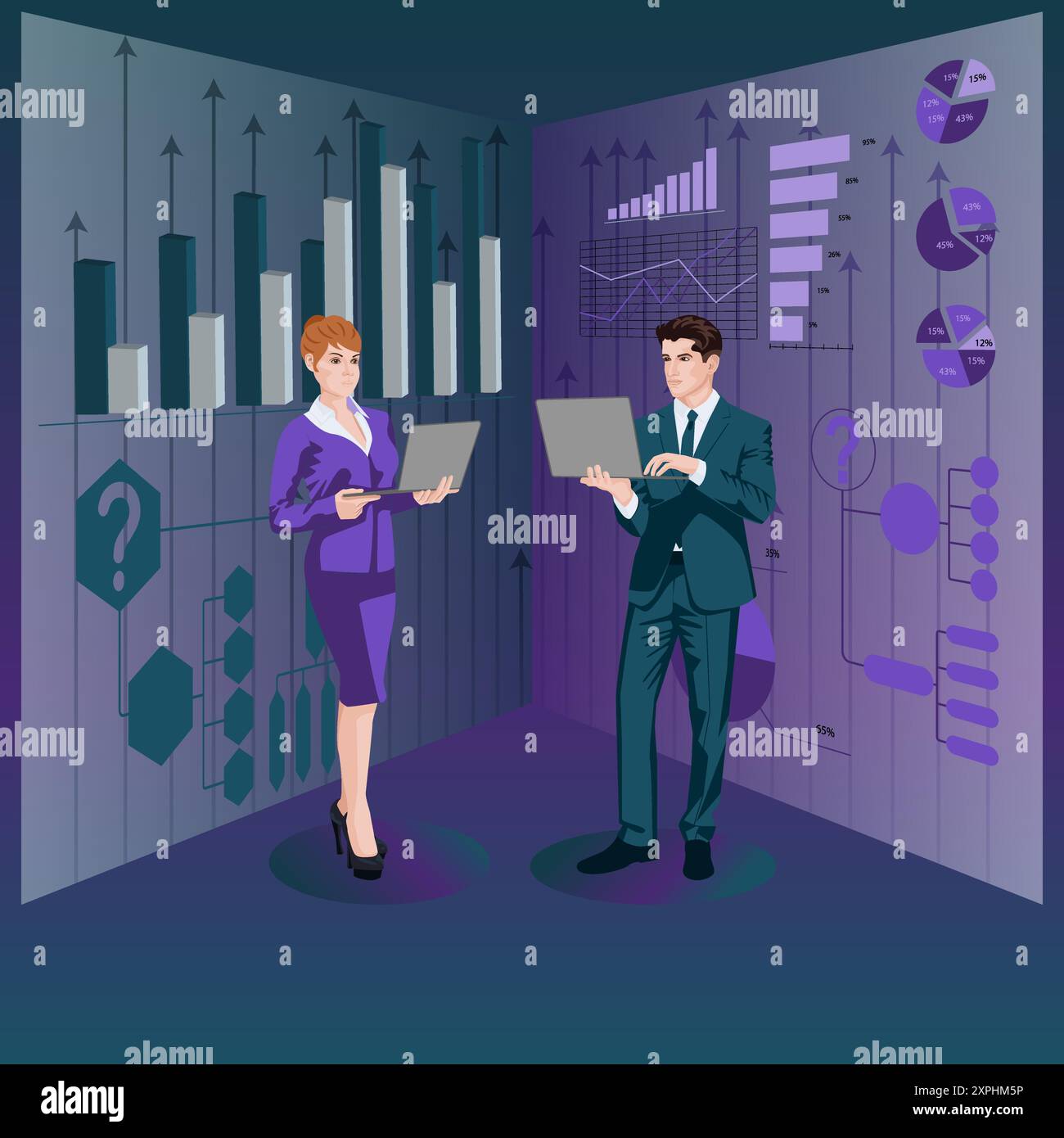 Man and woman researching information from reports and surveys ...