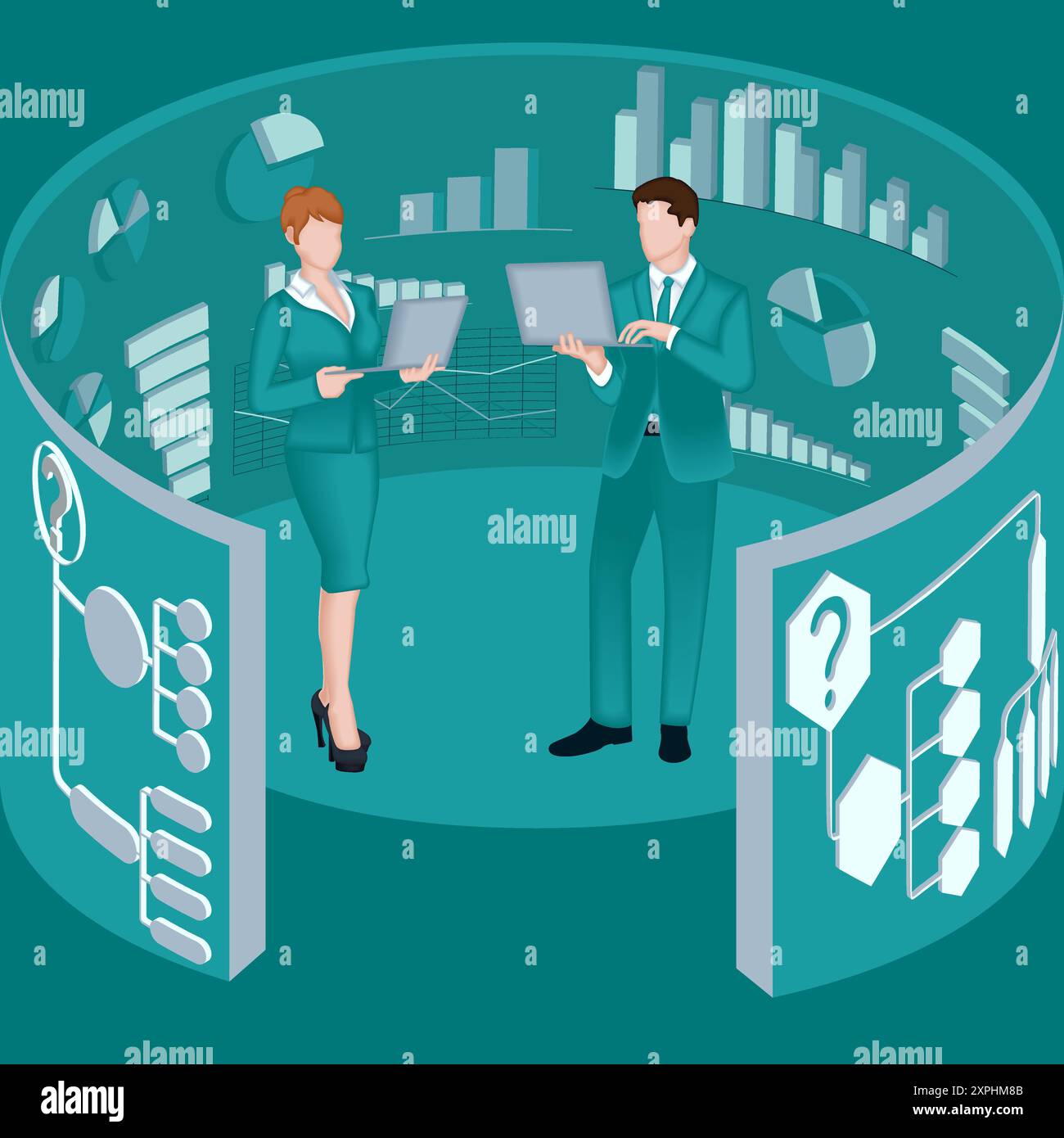 Man and woman researching information from reports and surveys ...