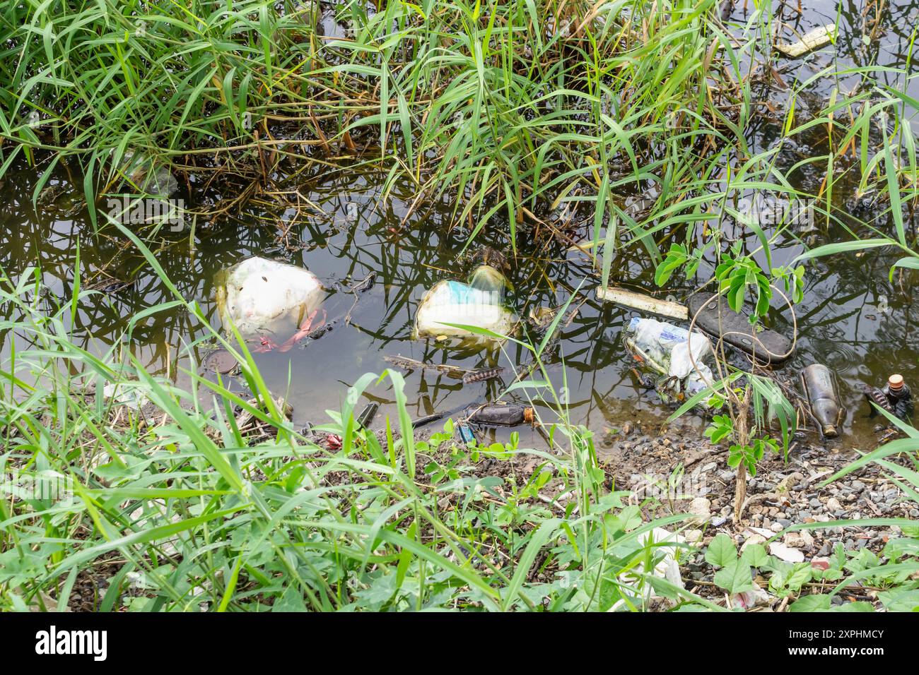 Plastic pollution in water pond environment Stock Photo - Alamy