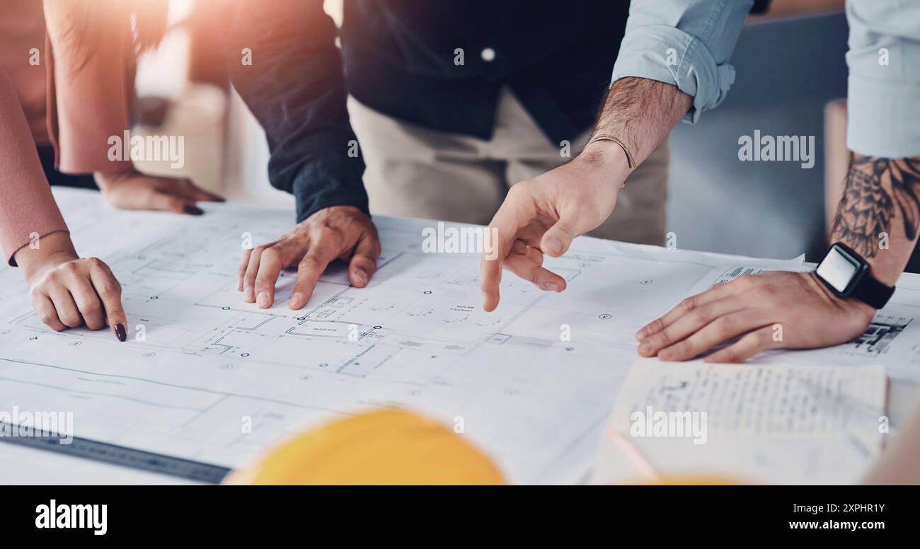 Hands, architect and blueprint sketch with clients for floor plan ...