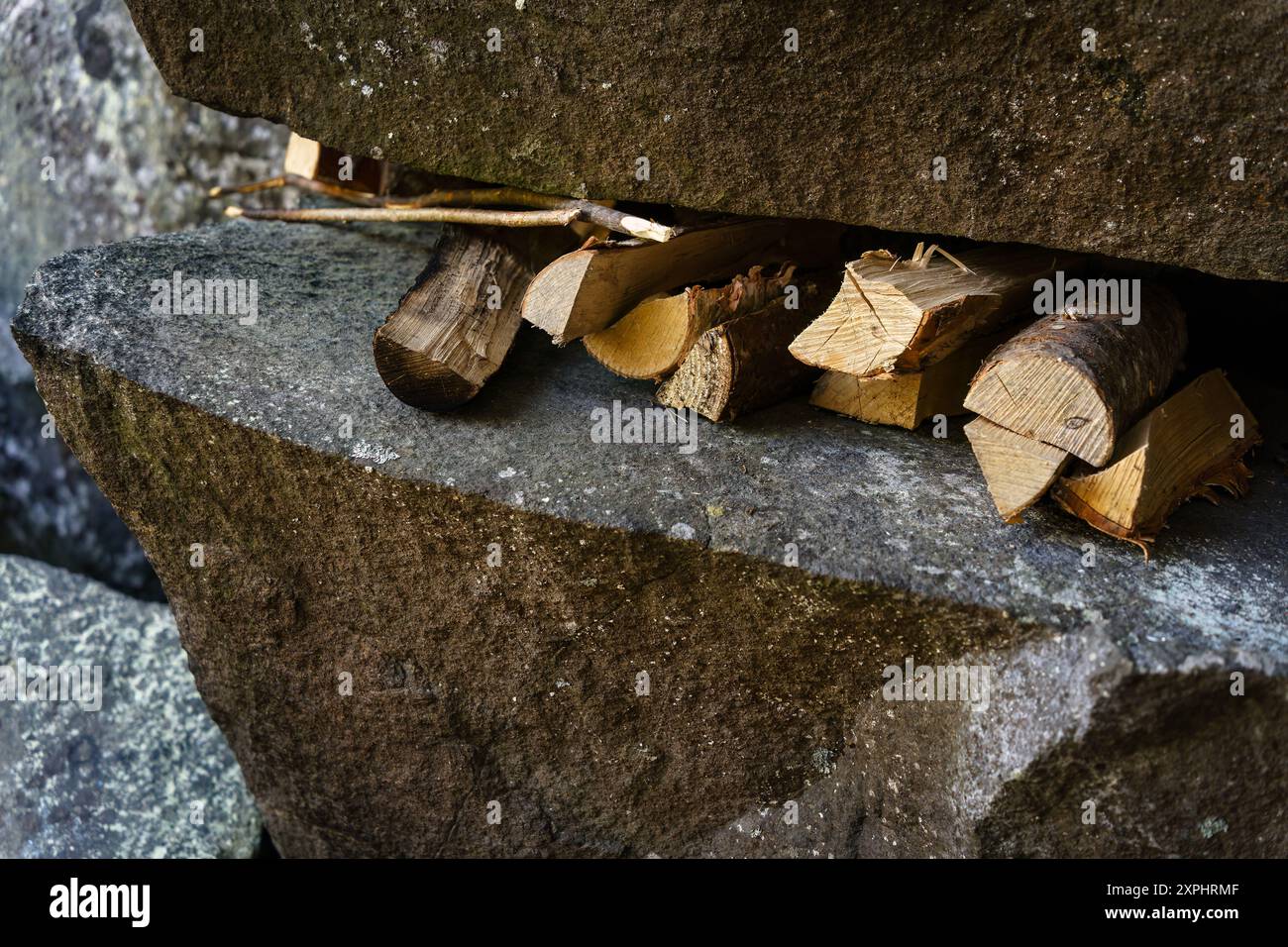 Stacked firewood under a large rock in a forest, close up Stock Photo ...