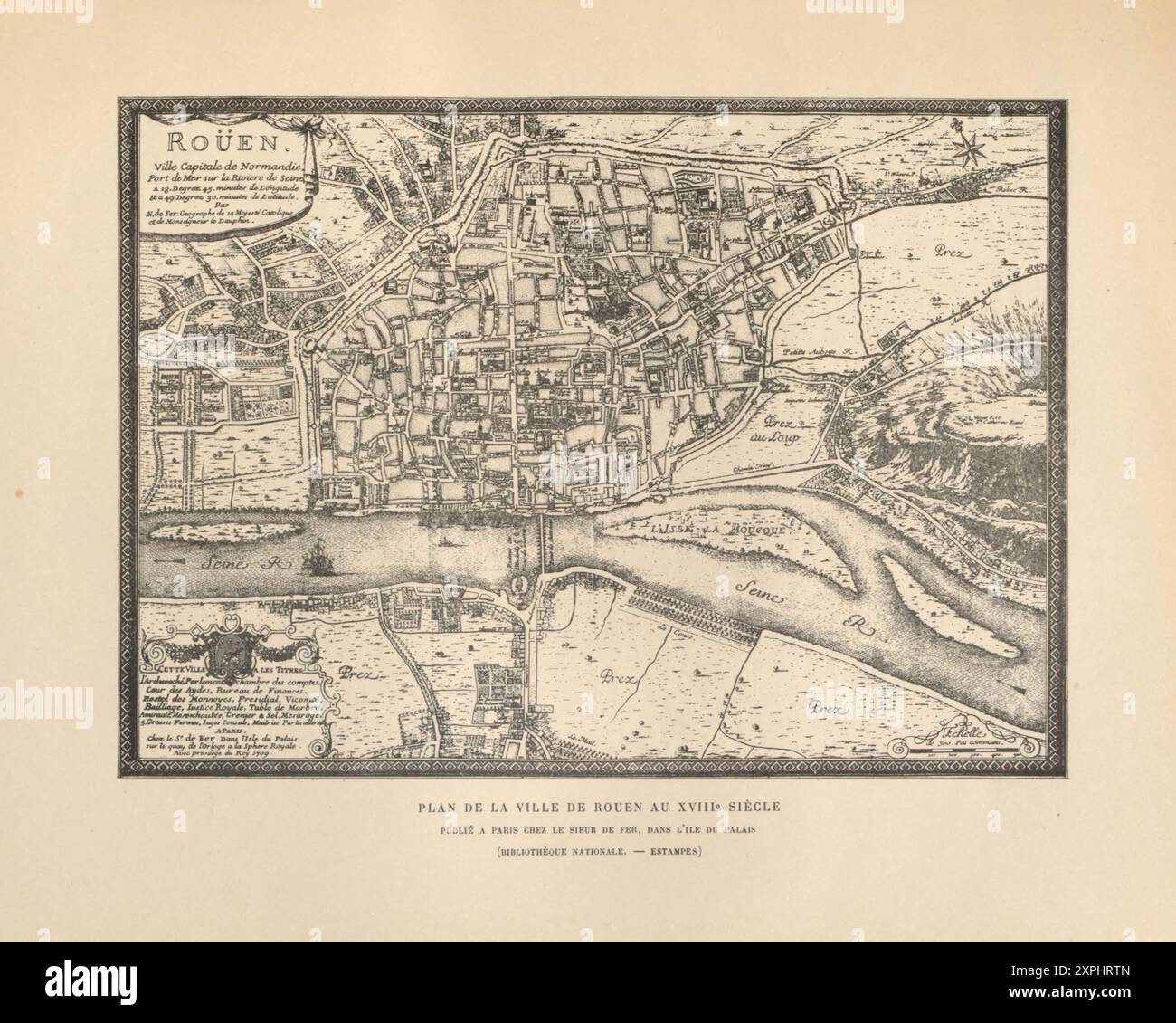 Vintage French Illustration from 18th Century. Map of the city of Rouen ...