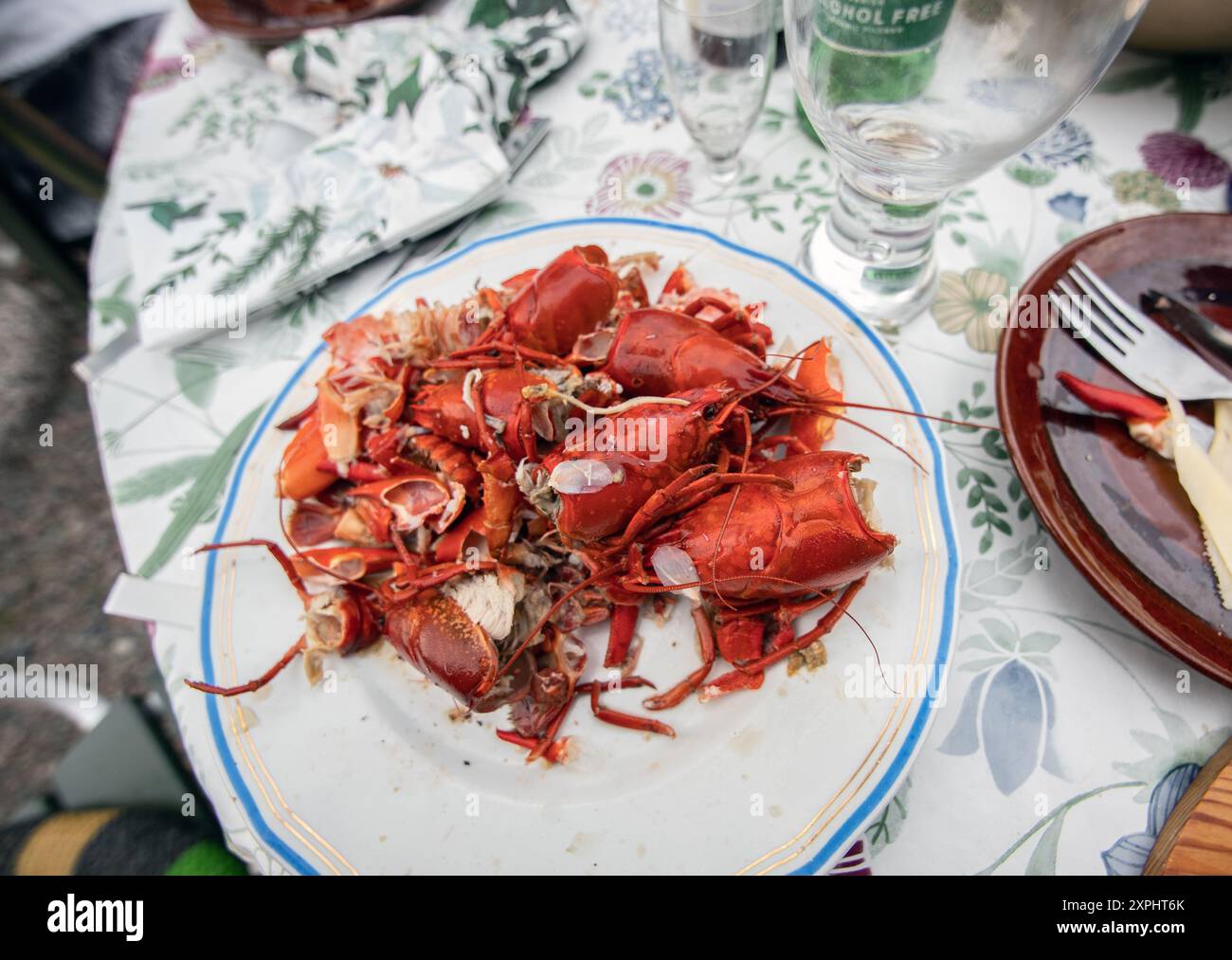 Shell platter with leftover seafood dinner . Crayfish shells Stock ...