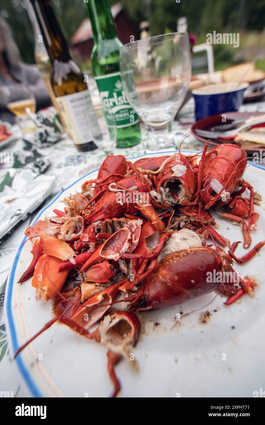 Shell platter with leftover seafood dinner . Crayfish shells Stock ...