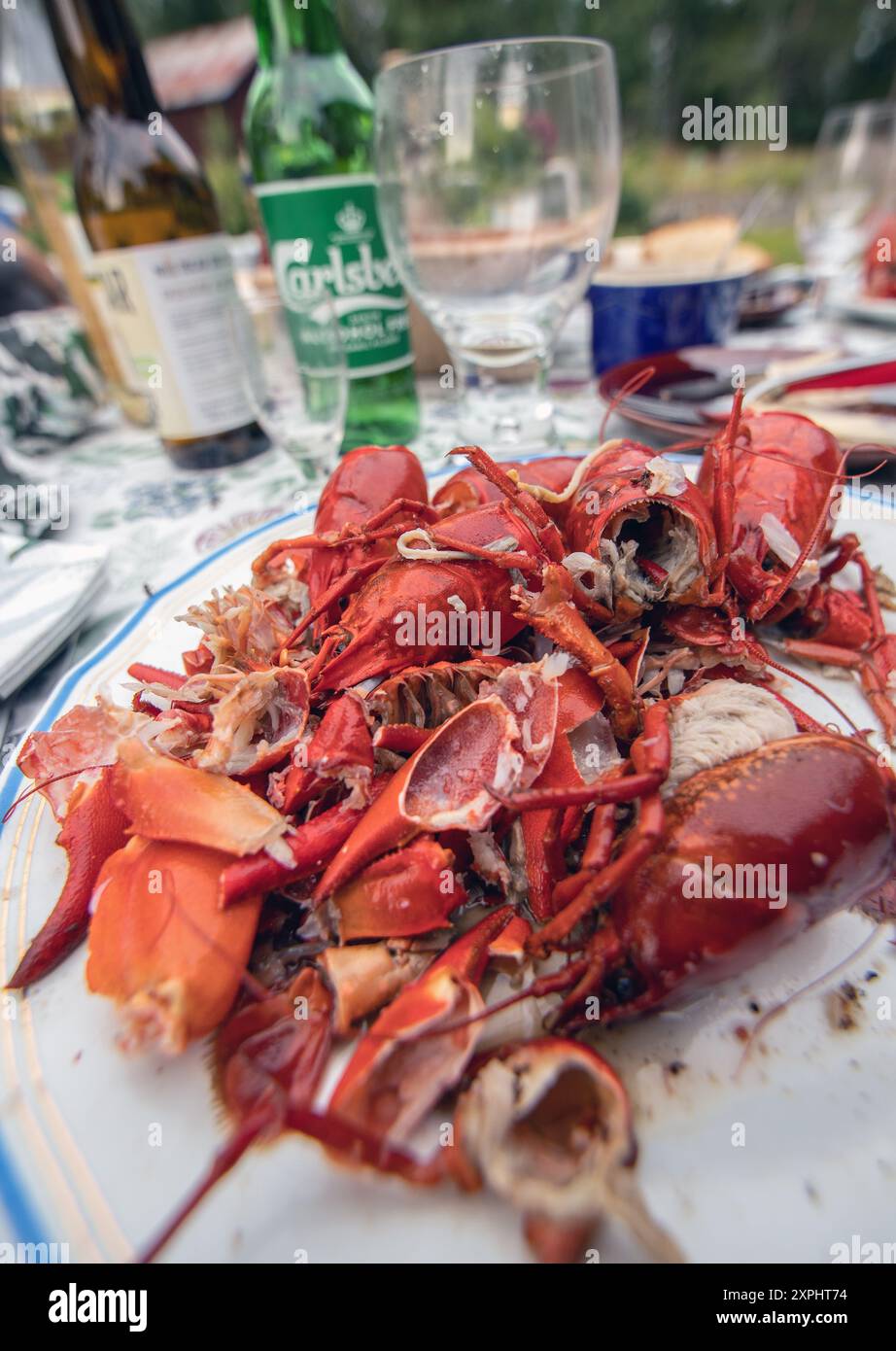 Shell platter with leftover seafood dinner . Crayfish shells Stock ...