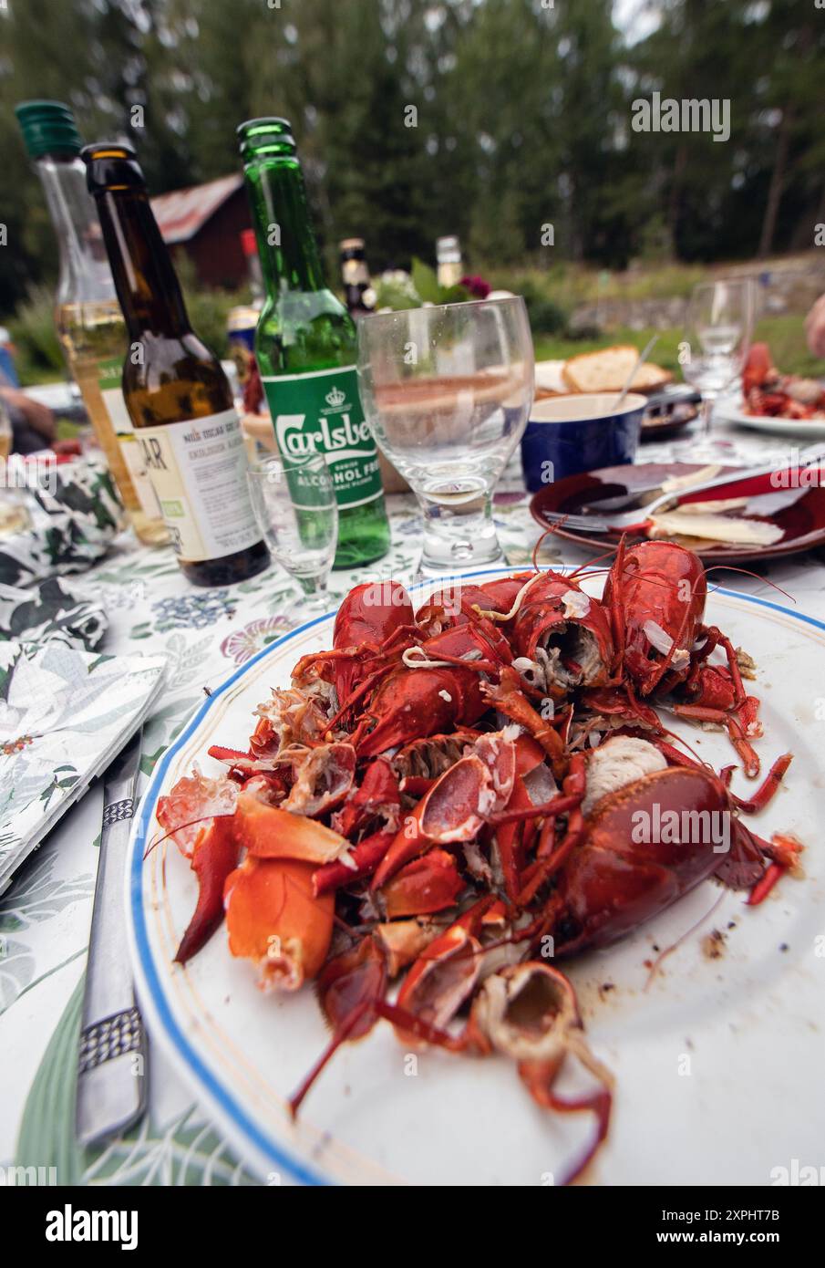 Shell platter with leftover seafood dinner . Crayfish shells Stock ...