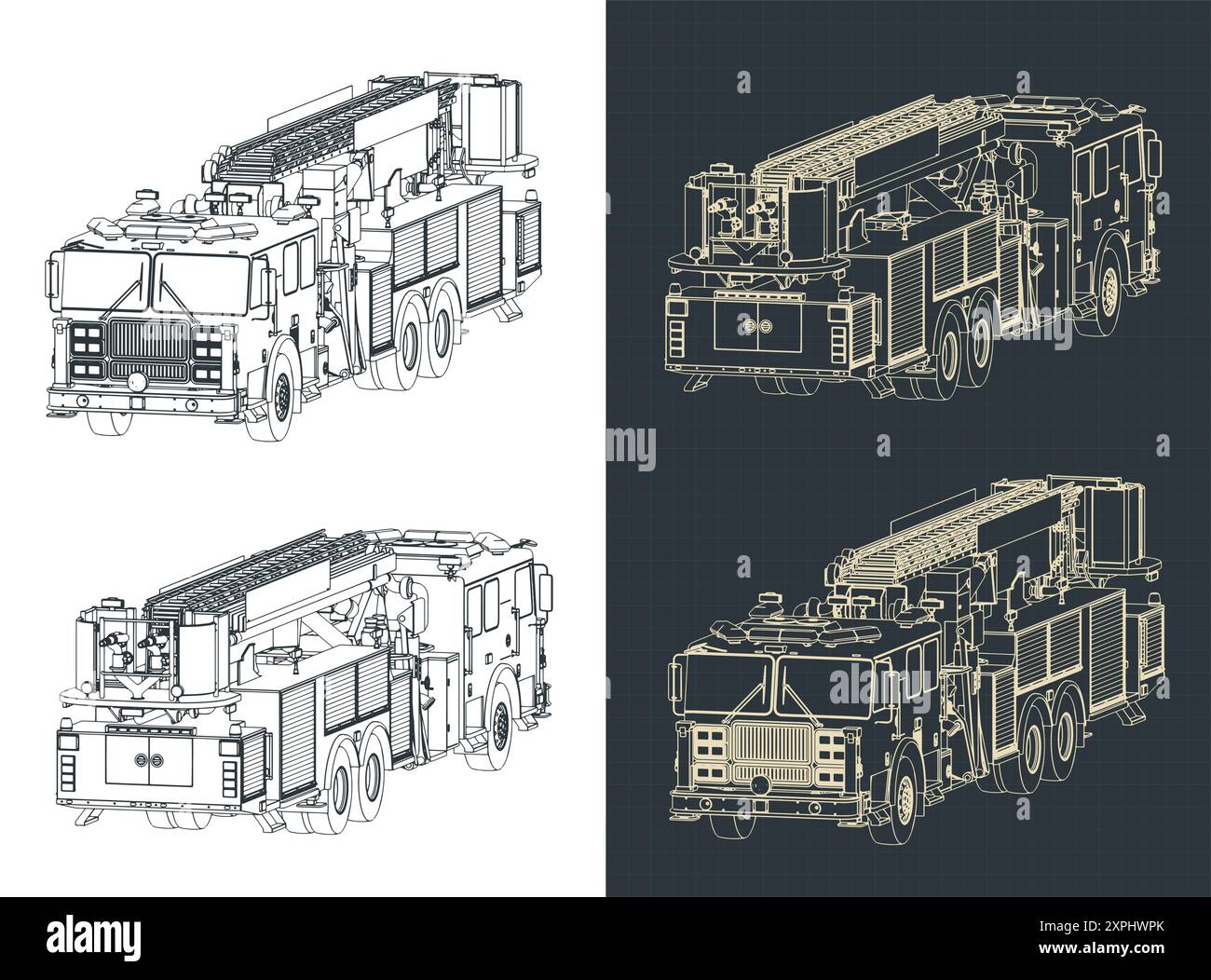 Stylized vector illustrations of isometric technical drawings of a big ...