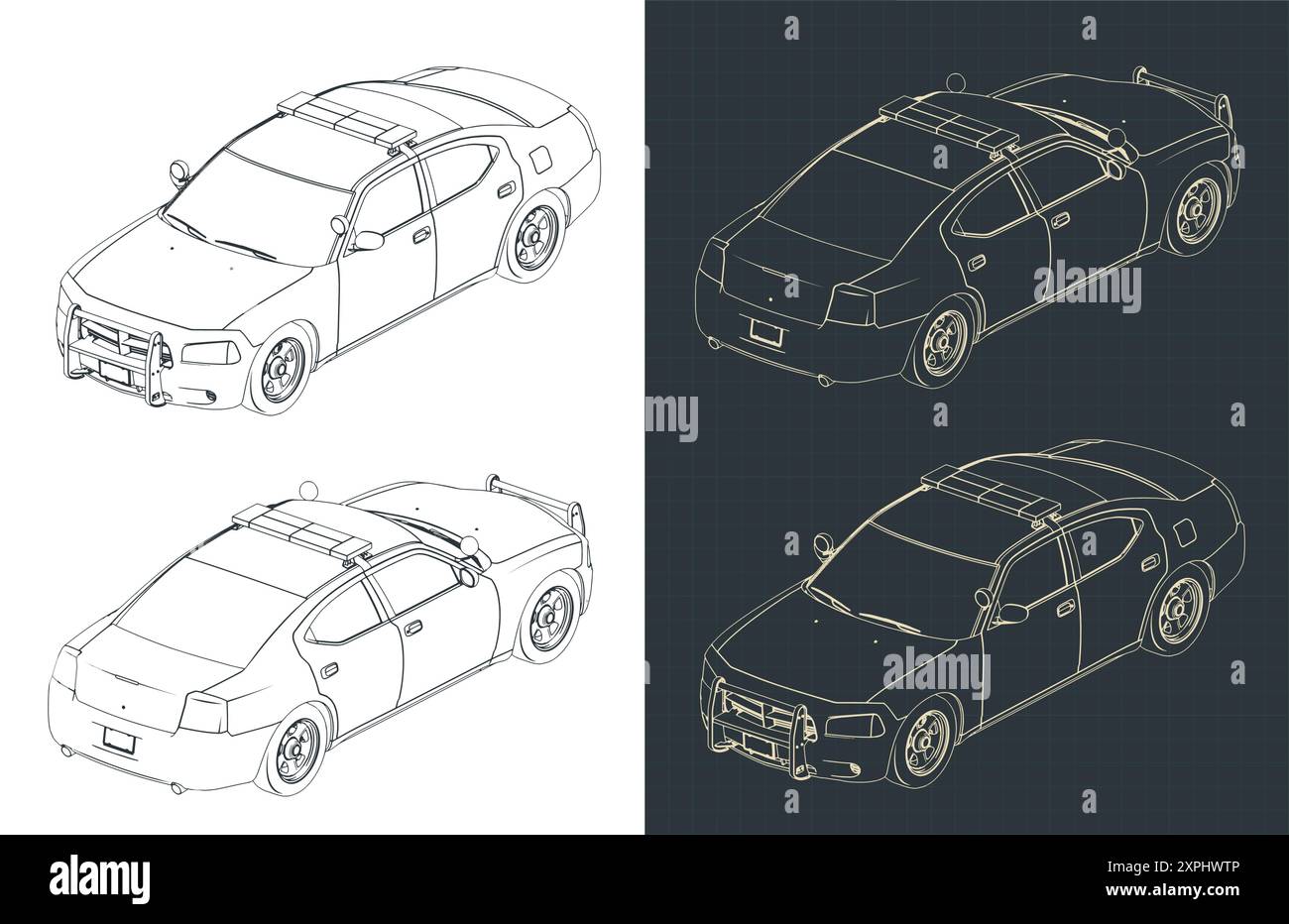 Stylized vector illustrations of isometric technical drawings of a ...