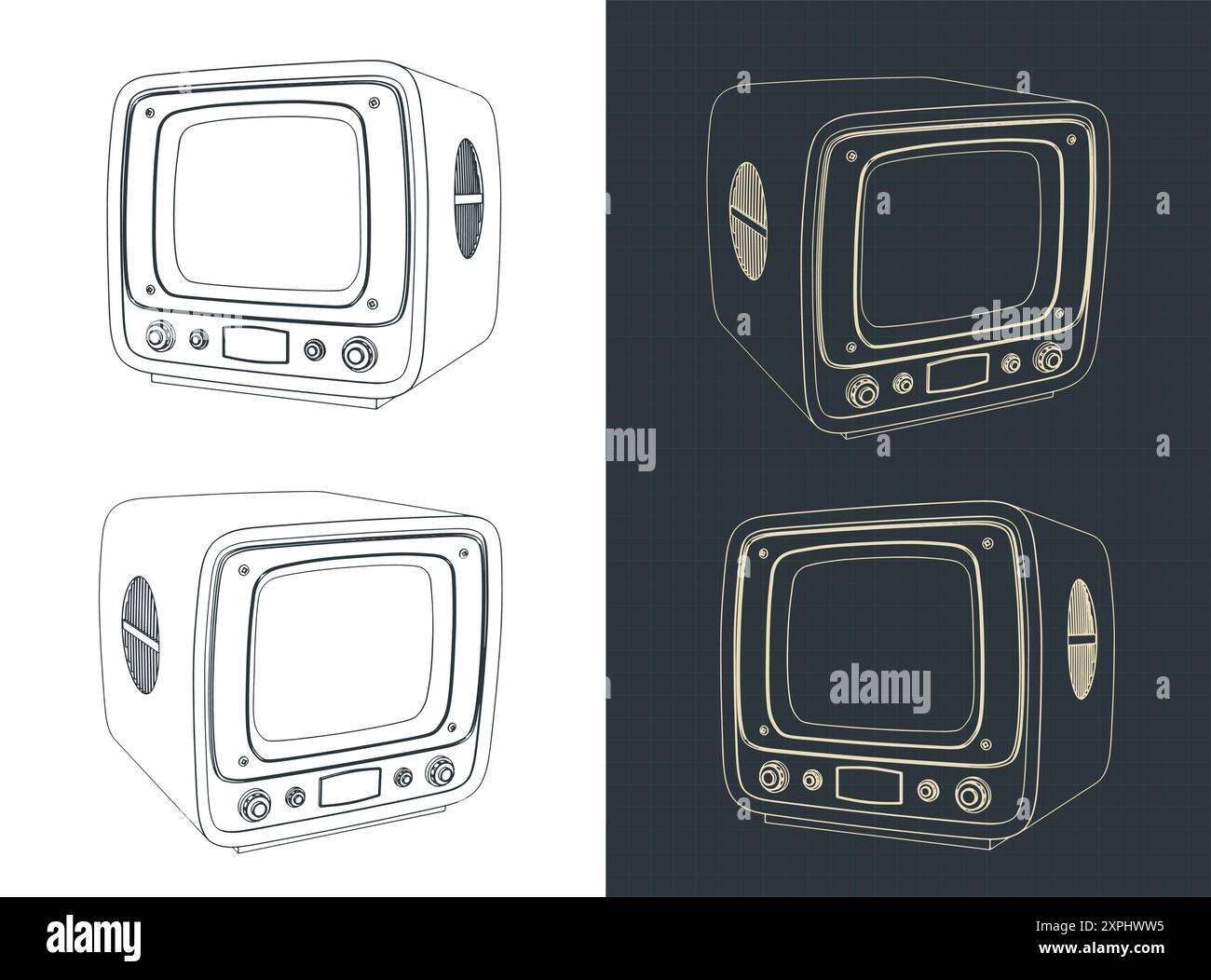Stylized vector illustrations of a technical drawings of retro ...