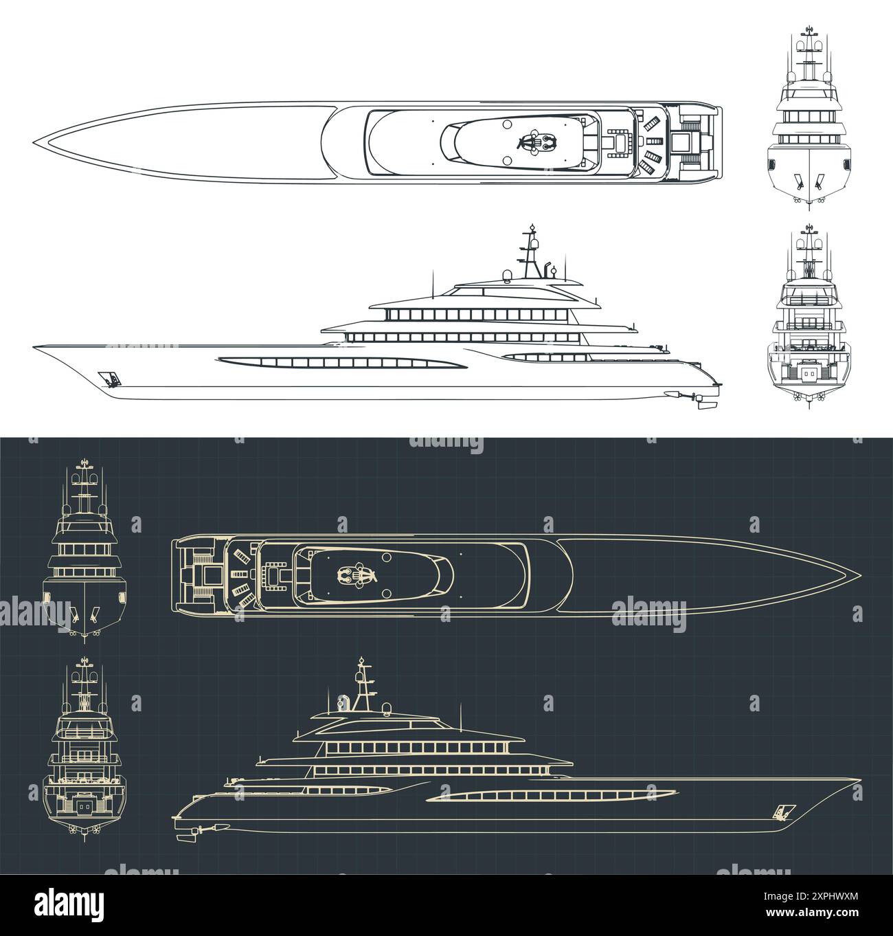 Stylized vector illustrations of superyacht technical drawings Stock ...