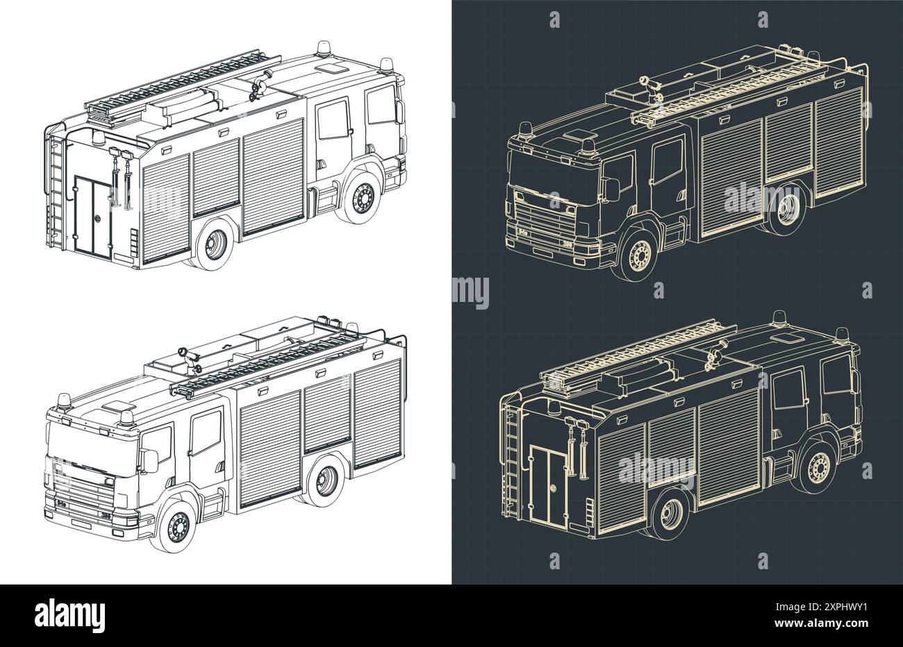 Stylized vector illustrations of isometric technical drawings of a fire ...