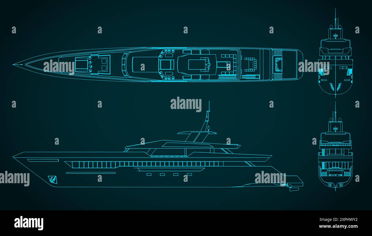 Stylized vector illustrations of superyacht technical drawings Stock ...