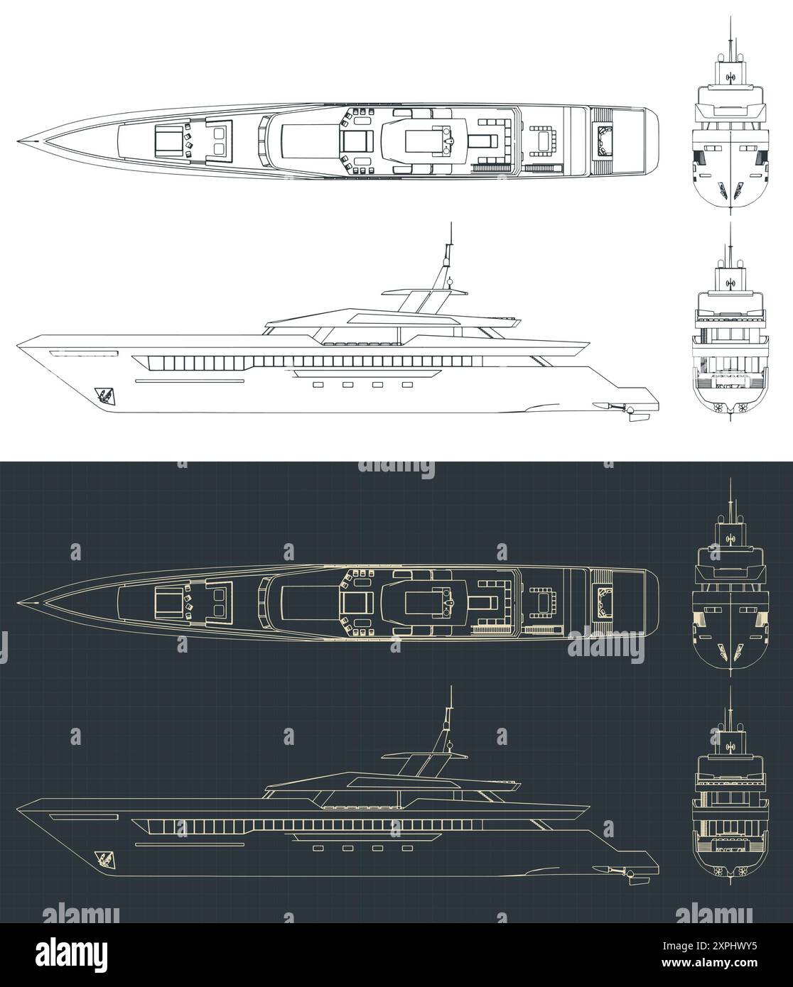 Stylized vector illustrations of superyacht technical drawings Stock ...