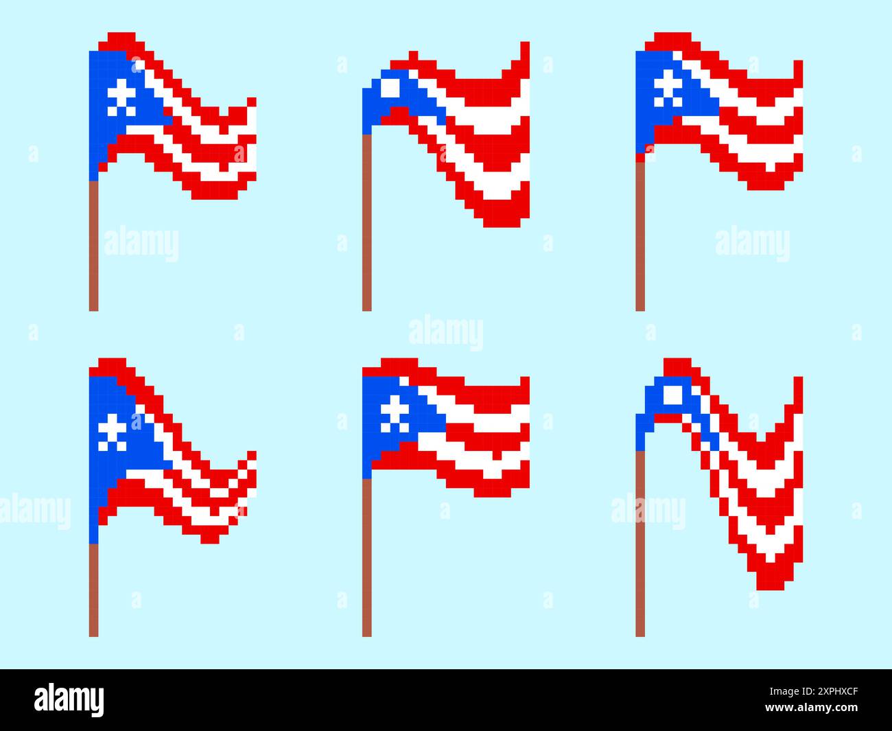 Puerto Rico pixel flag icon set. Waving Puerto Rico flag in 8-bit retro ...