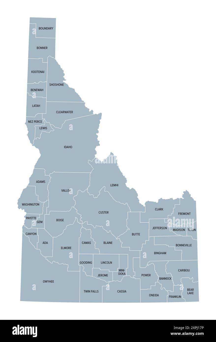 Idaho, U.S. state, subdivided into 44 counties, gray political map with ...