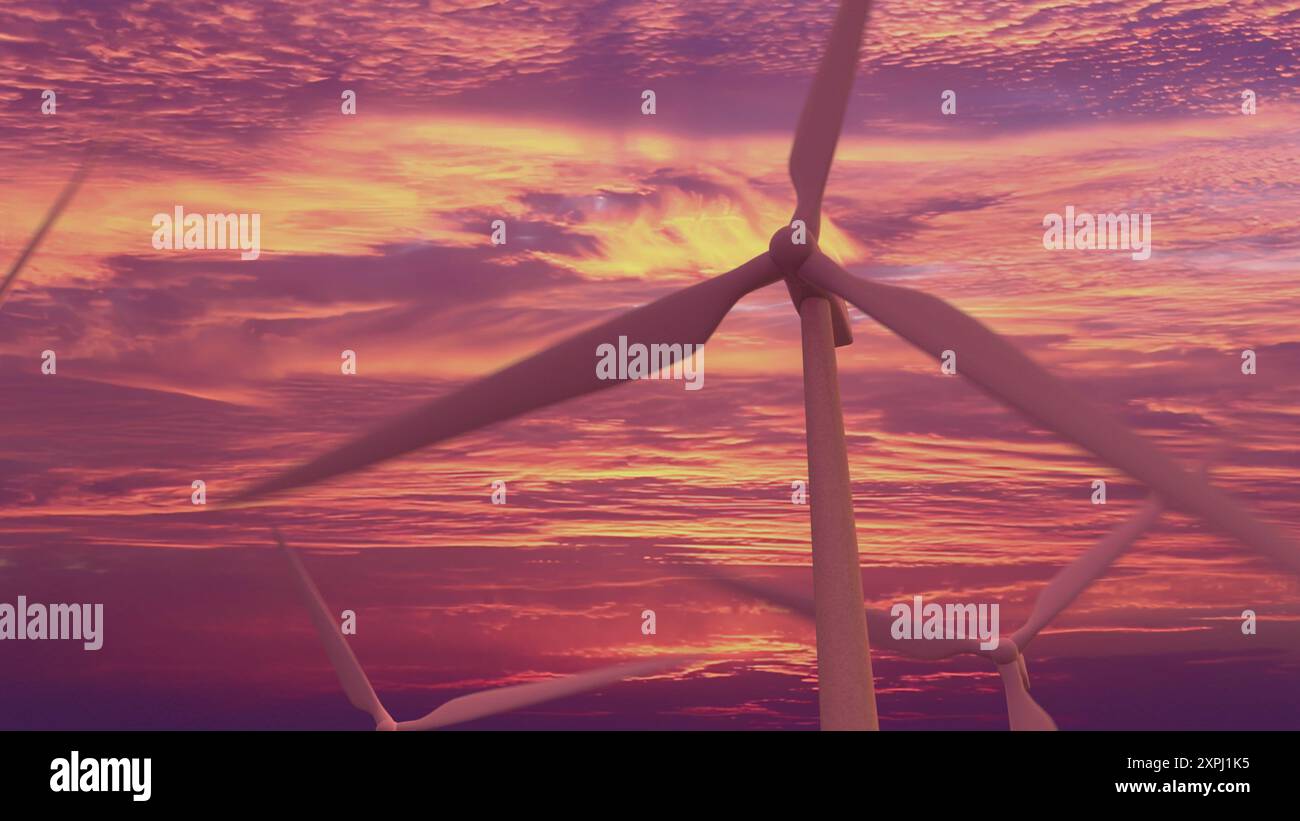ecologic wind turbine generator on sunrise sky bg, fictitious - industrial 3D rendering Stock ...
