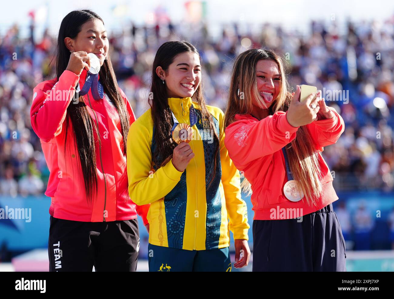 Gold medalist Arisa Trew of Australia (centre) Silver medalist Cocona ...