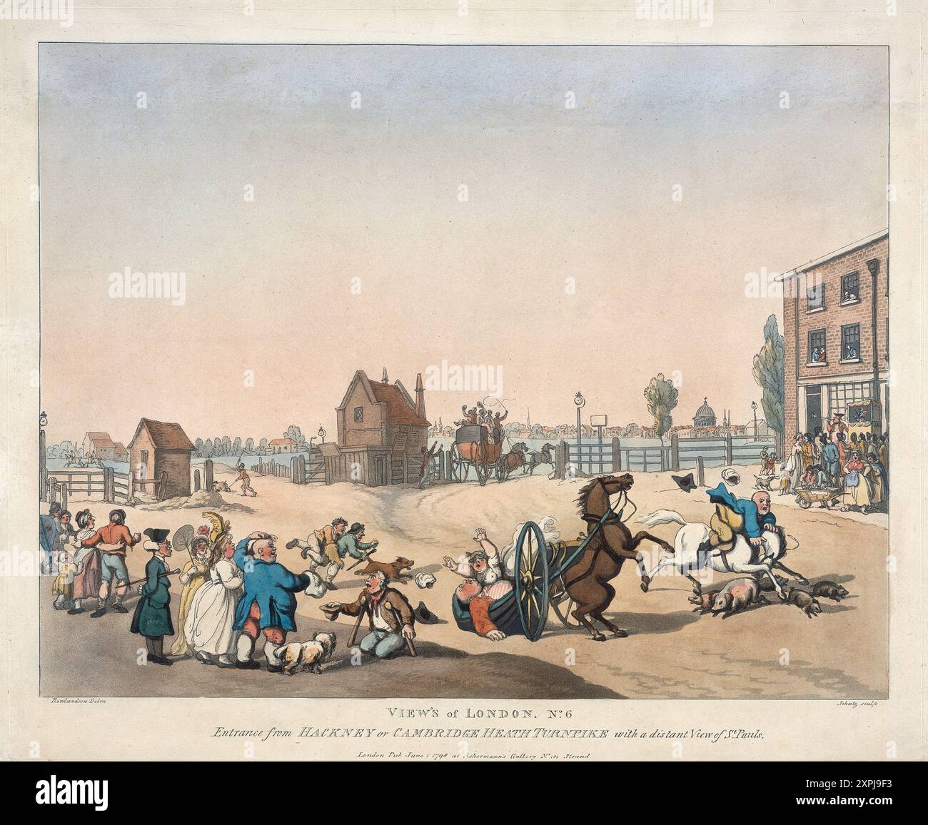 A humorous cartoon print coloured engraving No 6 of the Turn Pike a ...