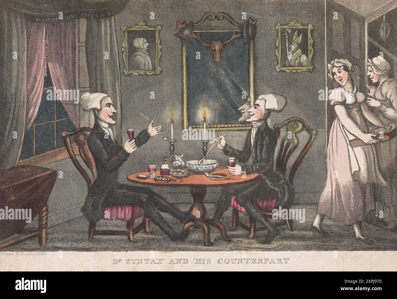 A humorous cartoon print coloured engraving of Dr Syntax and his ...