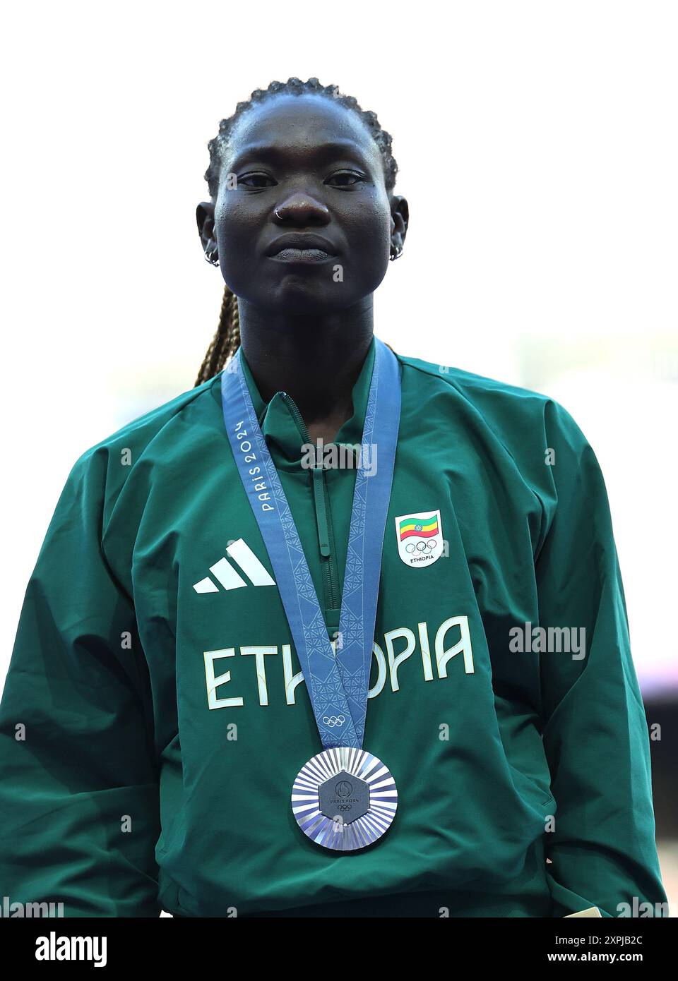 Paris, France. 6th Aug, 2024. Silver medalist Tsige Duguma of Ethiopia ...