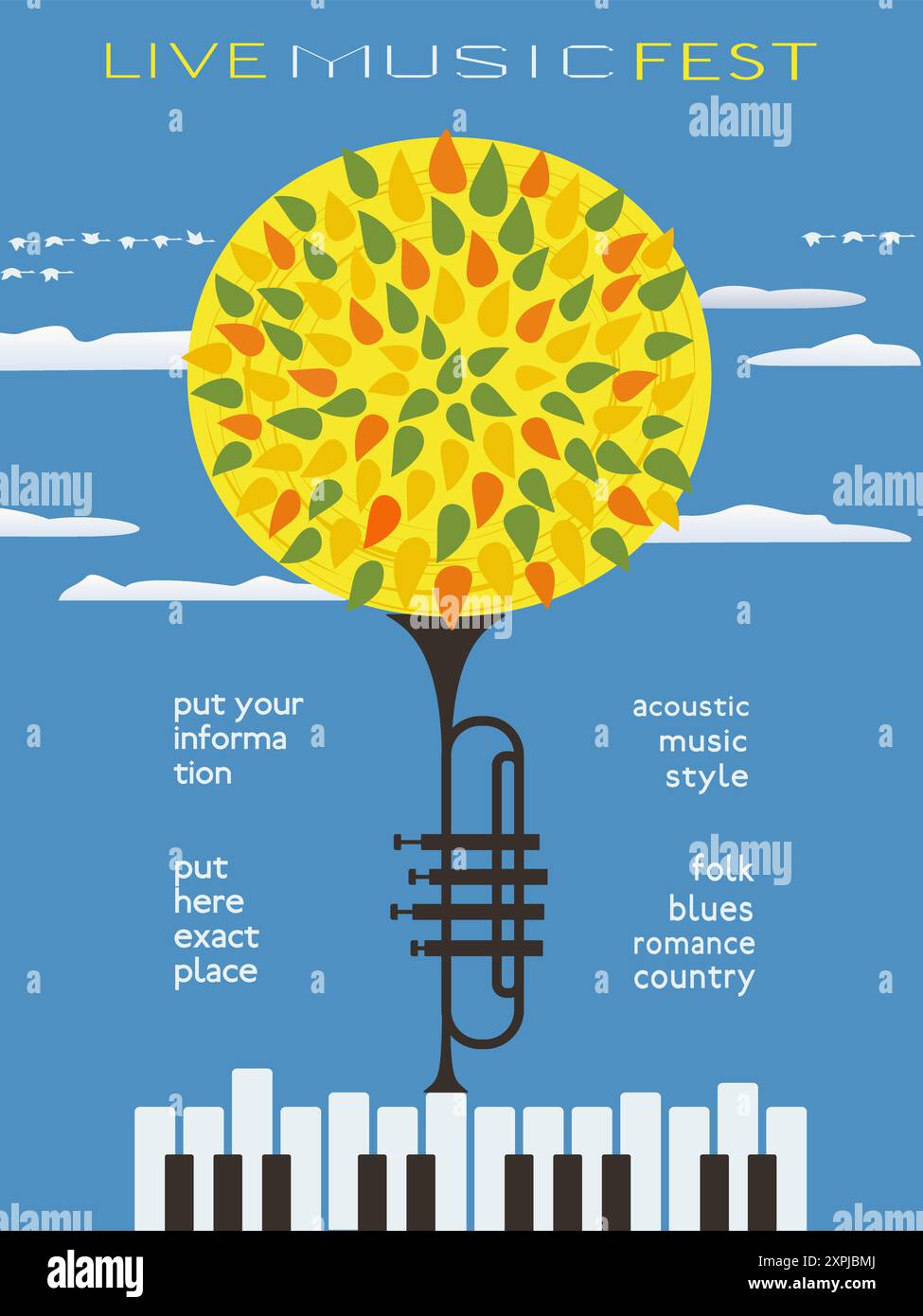 Fall Season Live Music Festival minimal design vector poster. Piano ...