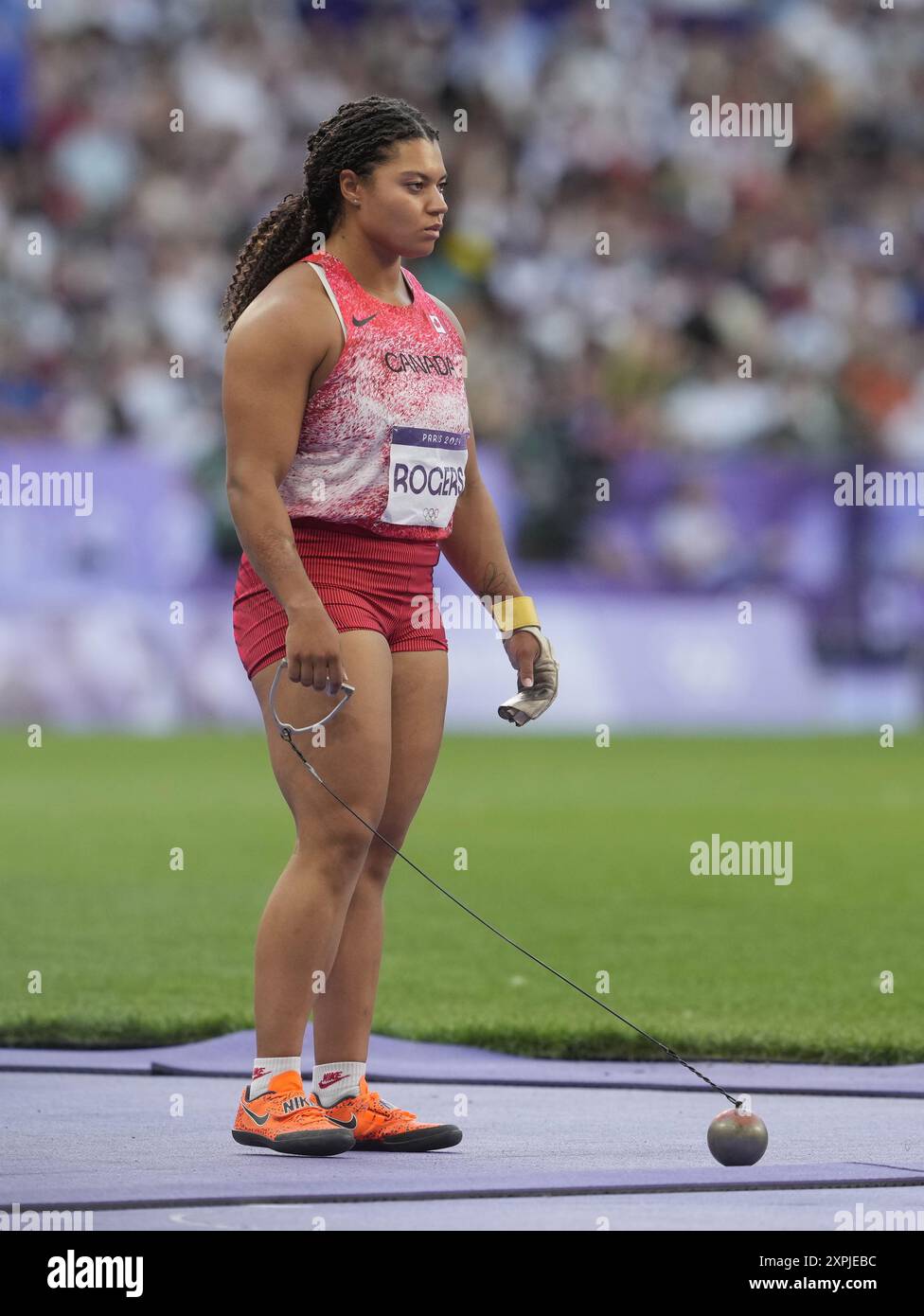 Paris, France. 06th Aug, 2024. Canada's Camryn Rogers gets set to throw ...