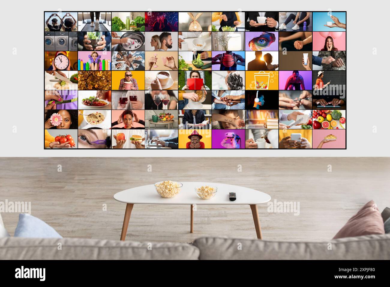 Large Screen Television Displaying Collage of Images in Living Room ...