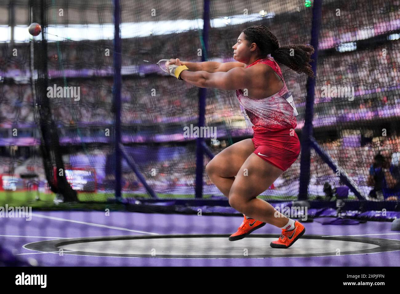 Camryn Rogers, of Canada, competes during the women's hammer throw ...