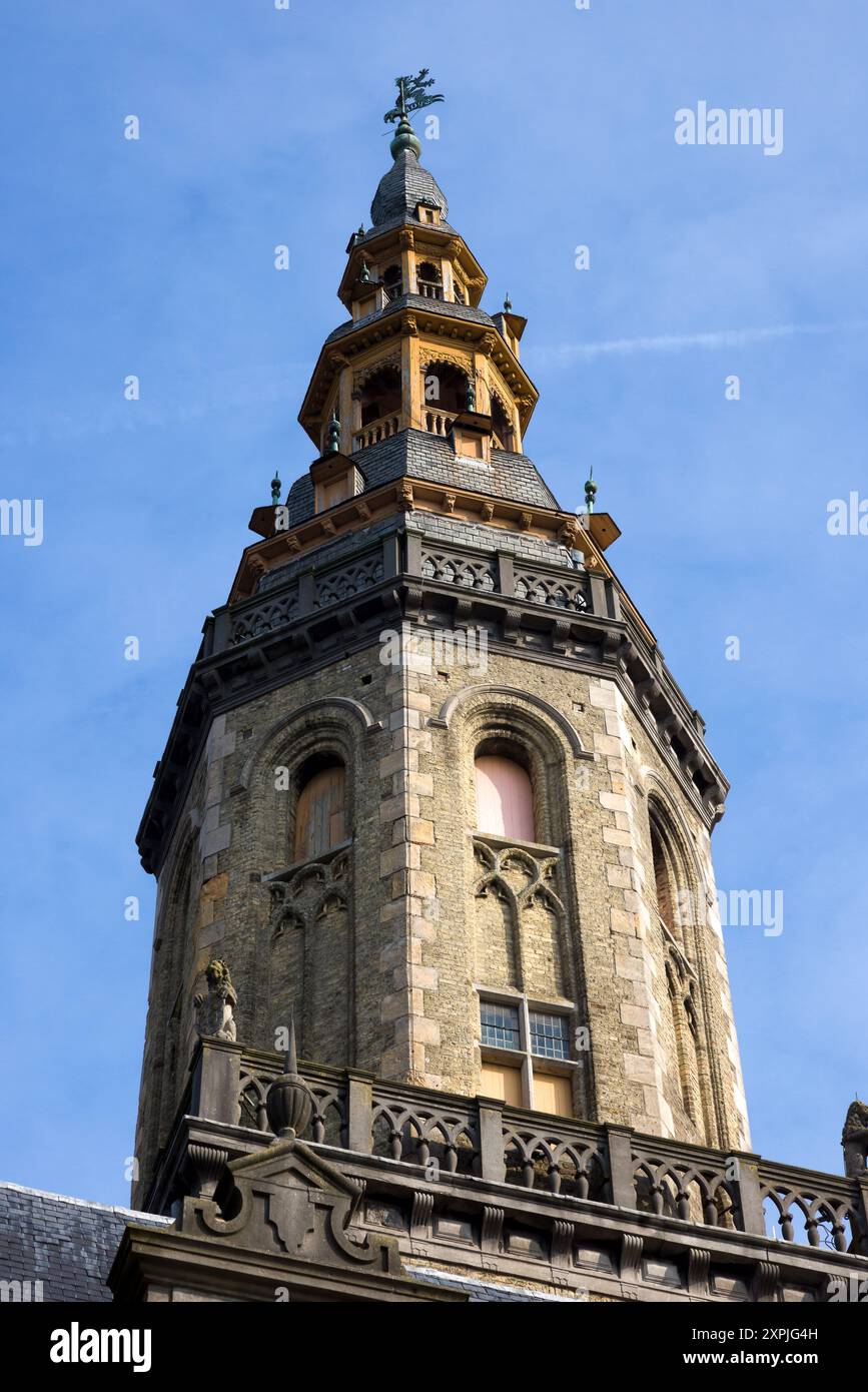 The tower of Saint Walburga church in Medieval Veurne, Flanders ...
