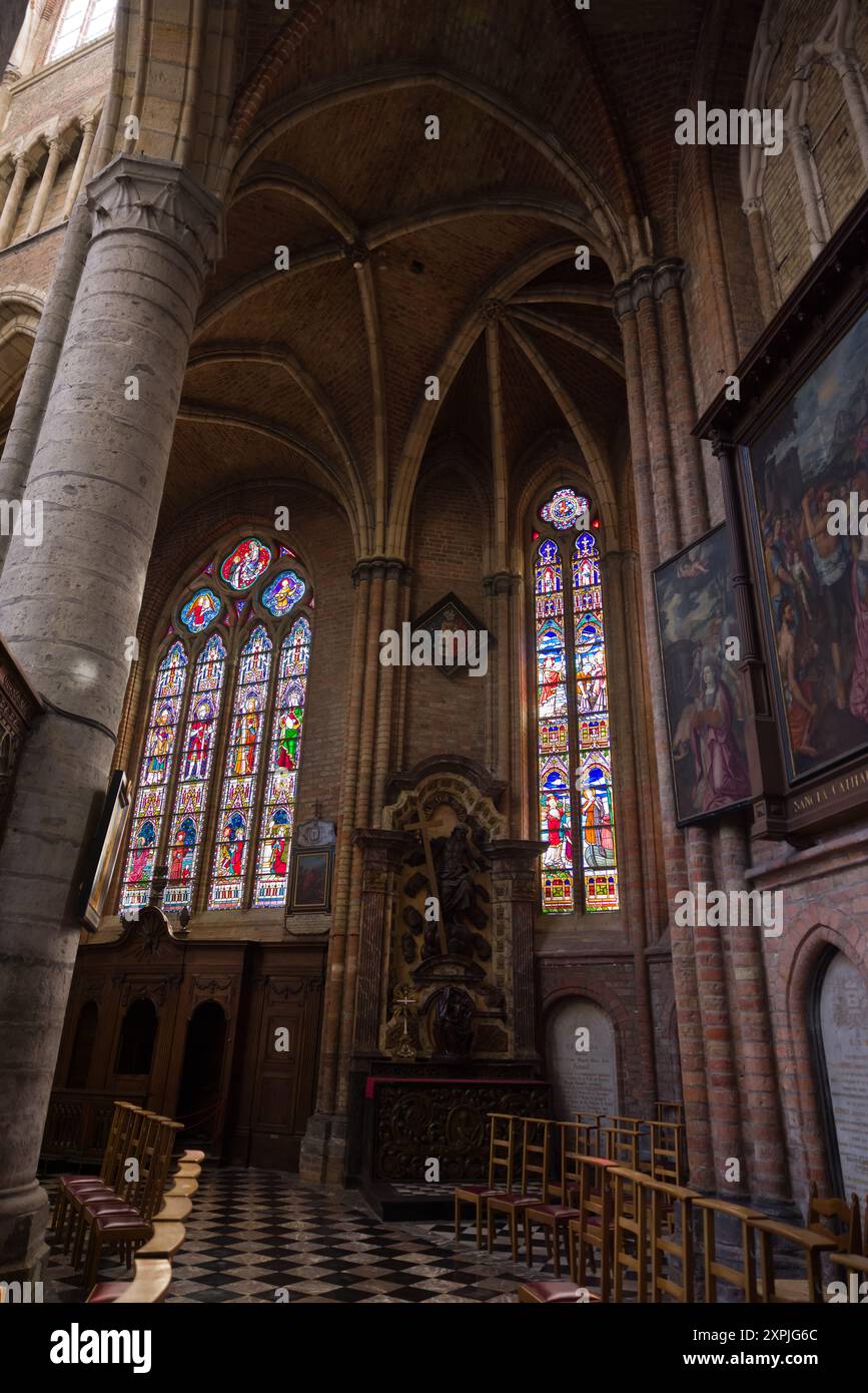 Stained glass windows in the medieval church of Walburga in Veurne ...