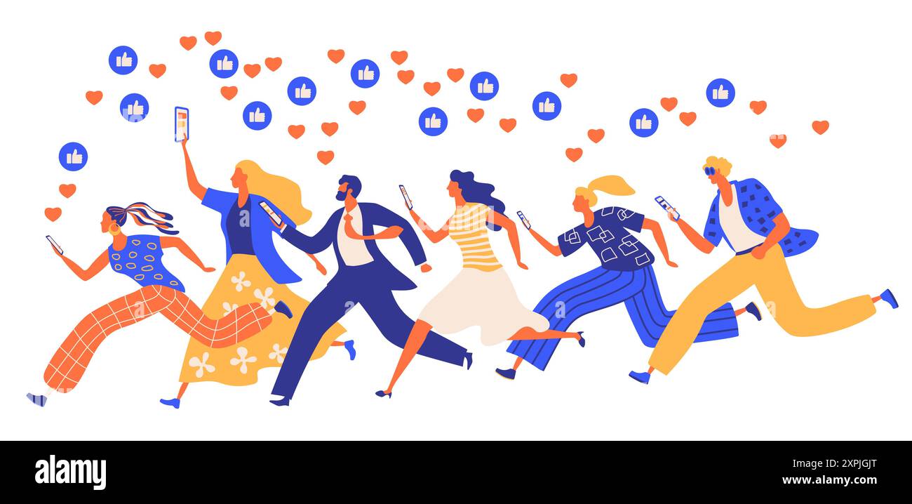 A group of people running with phones in their hands. Concept of the ...