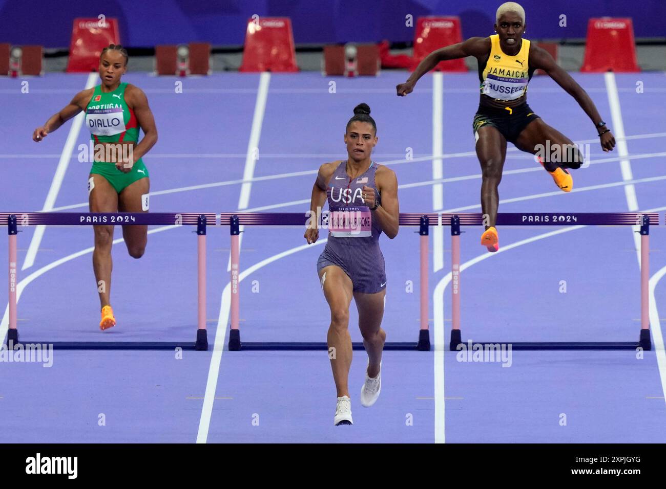 Sydney McLaughlin-Levrone, of the United States, leads in a women's 400 ...