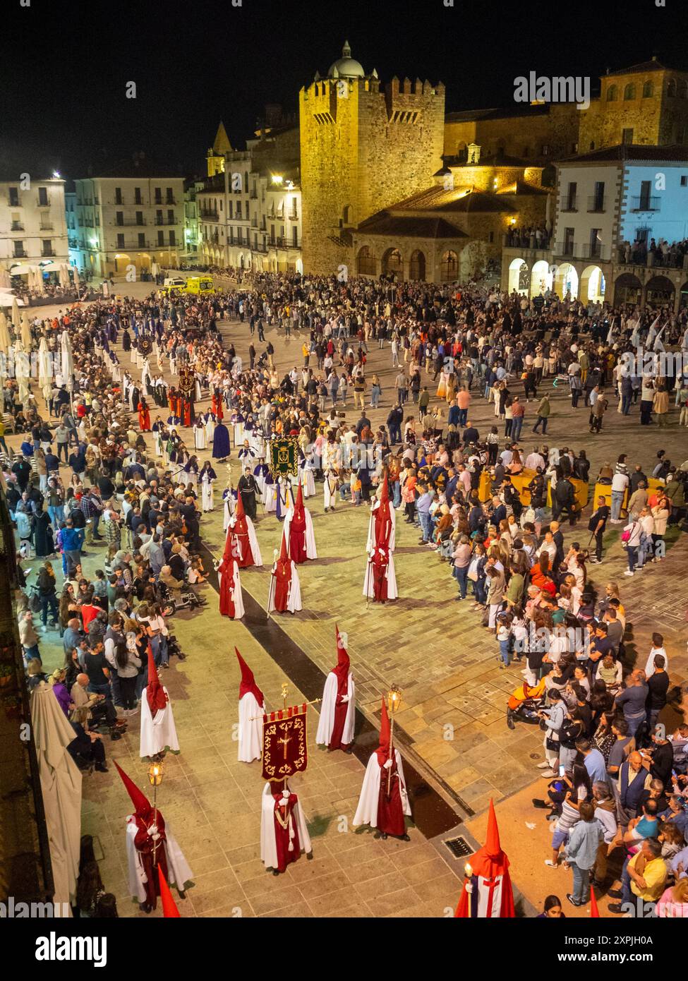 Holy burial procession at night passing Plaza Mayor on Holy Friday ...