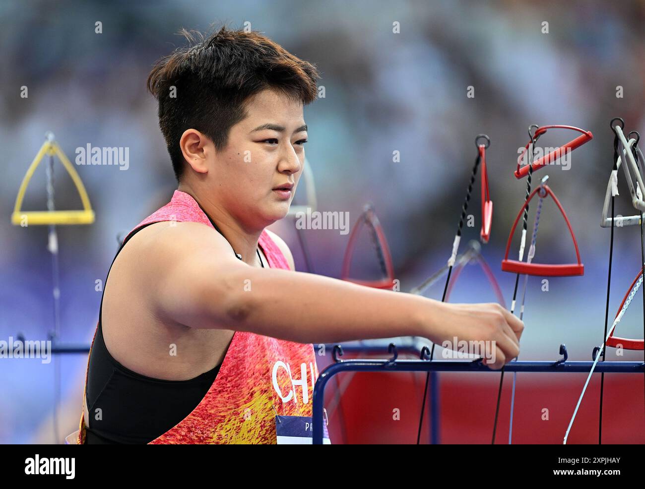 Paris, France. 6th Aug, 2024. Zhao Jie of China reacts before the women's hammer throw final at ...