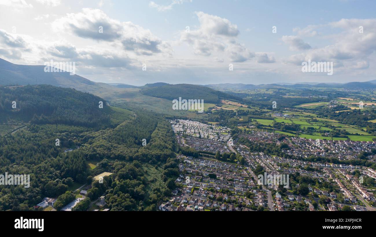 Aerial view on forest and mountains in Newcastle, Northern Ireland ...