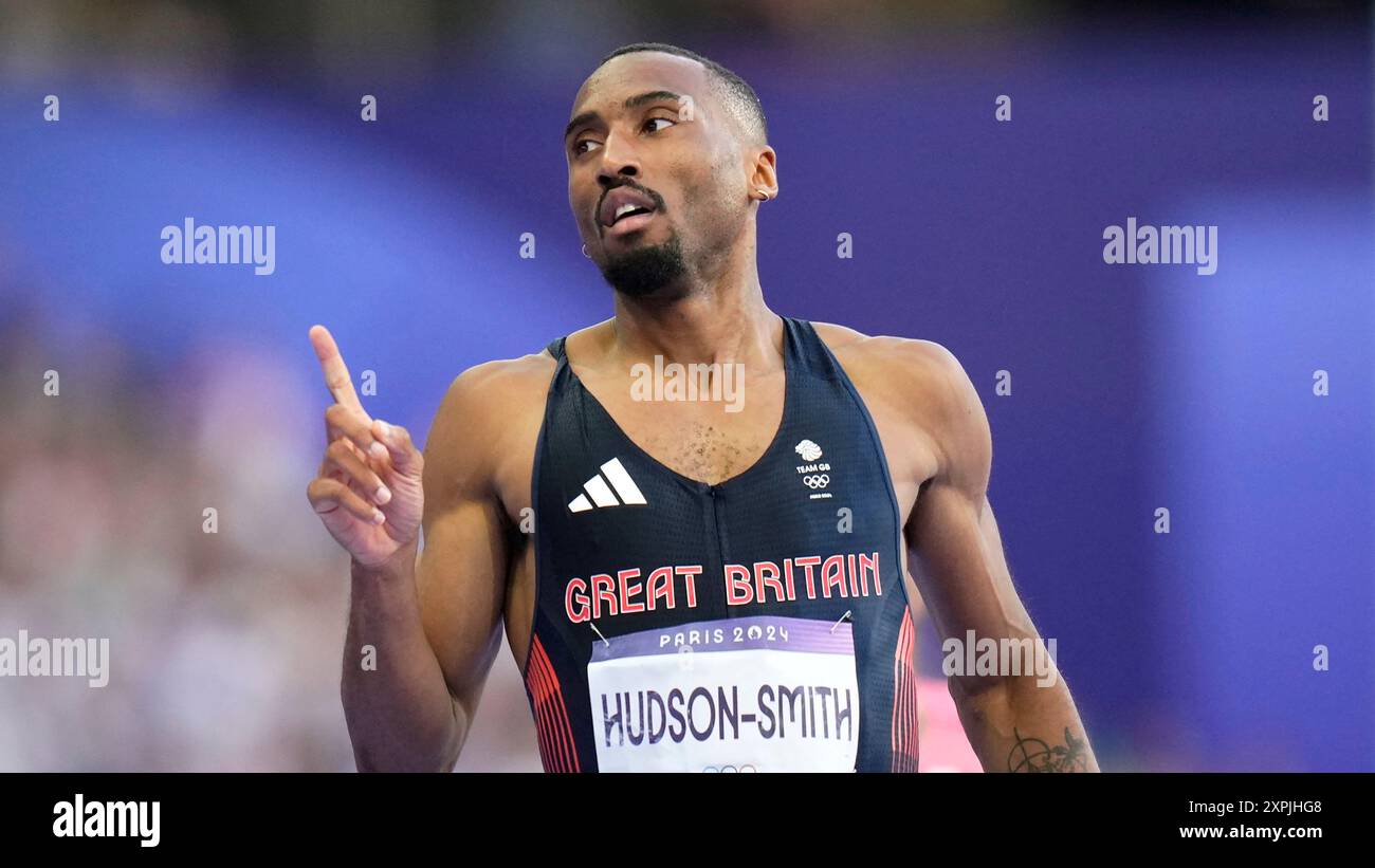 Matthew Hudson-Smith, of Britain, gestures after his men's 400-meters ...