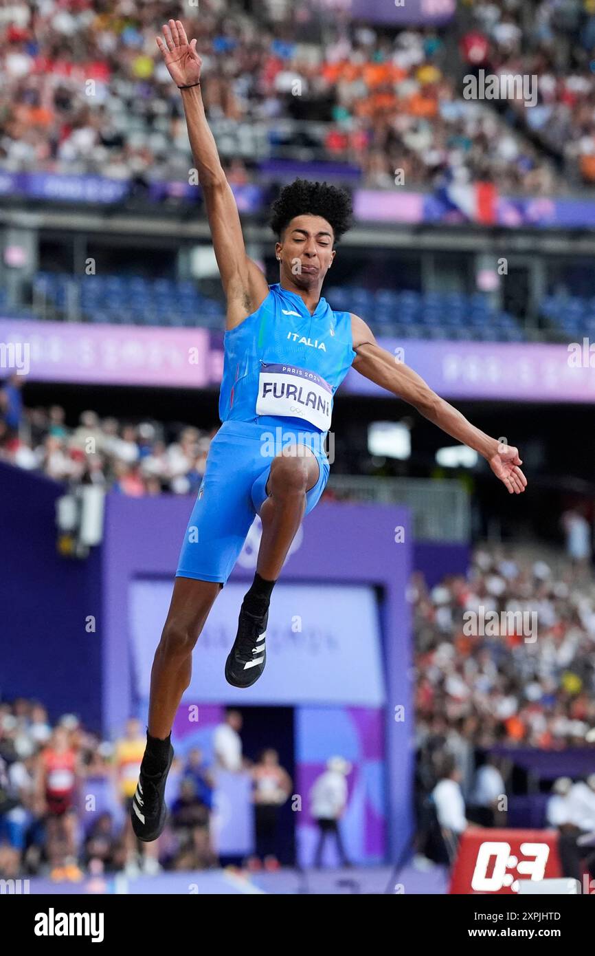 Mattia Furlani, of Italy, competes during the men's long jump final at ...