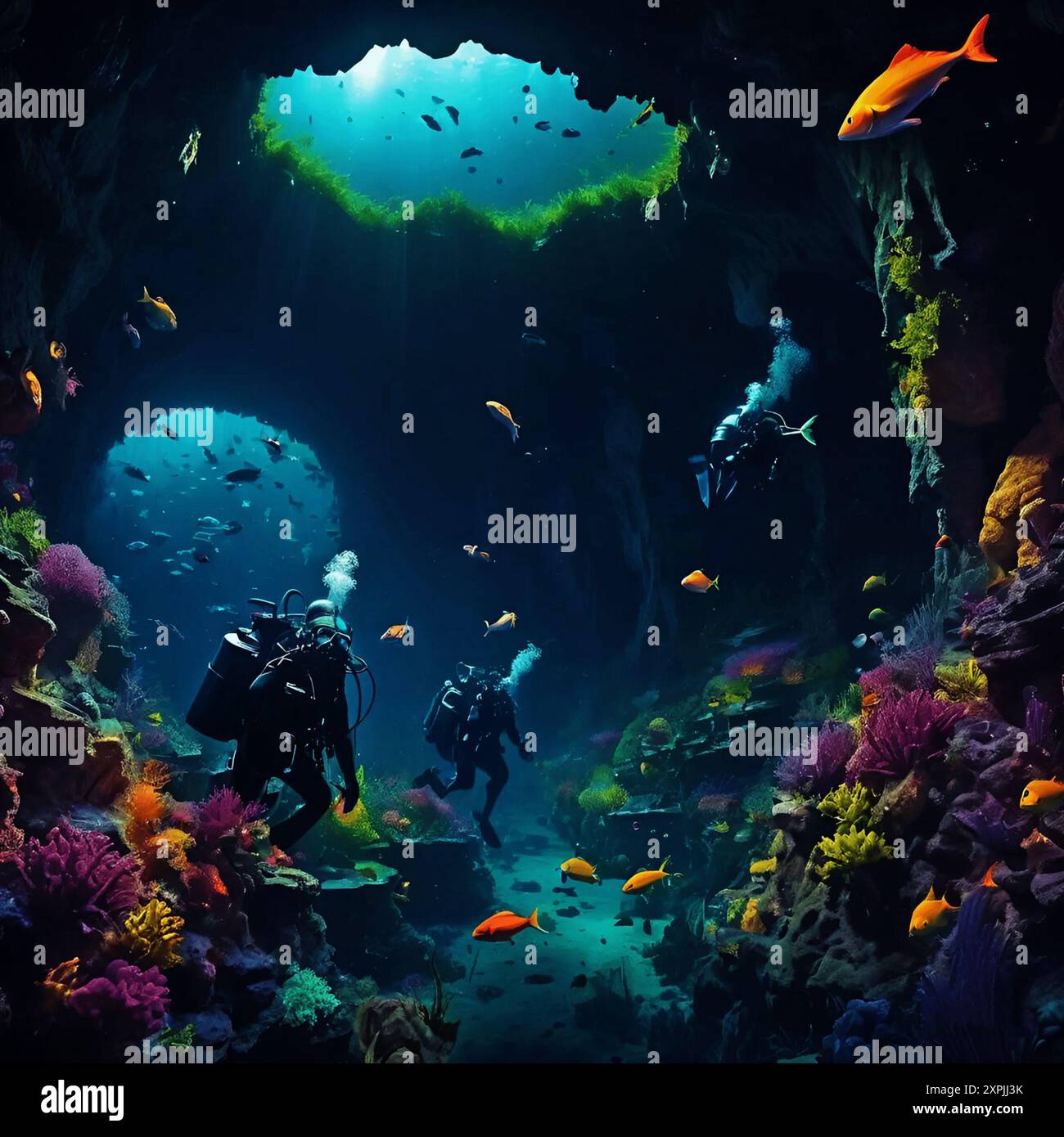 three divers on the bottom of the sea at coral reef and cave Stock ...