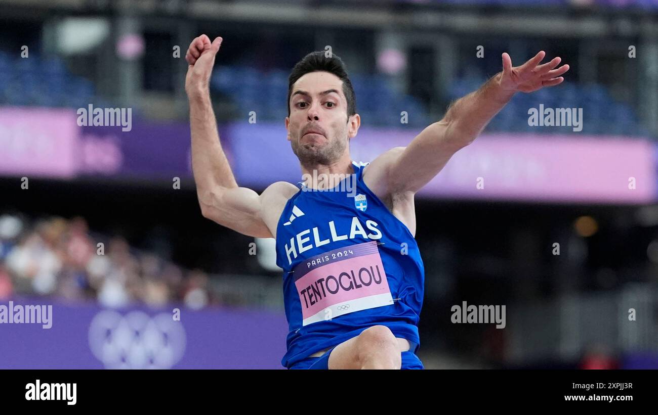 Miltiadis Tentoglou, of Greece, competes during the men's long jump ...