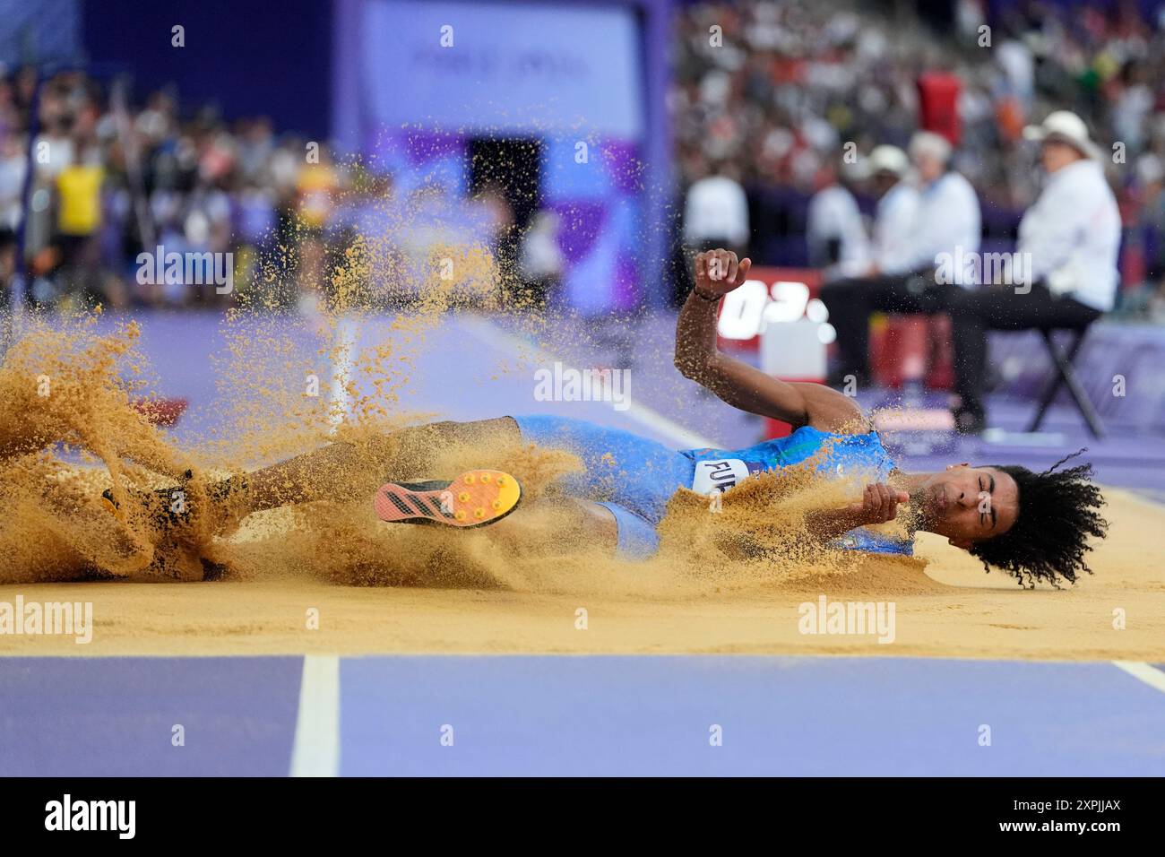 Mattia Furlani, of Italy, competes during the men's long jump final at ...