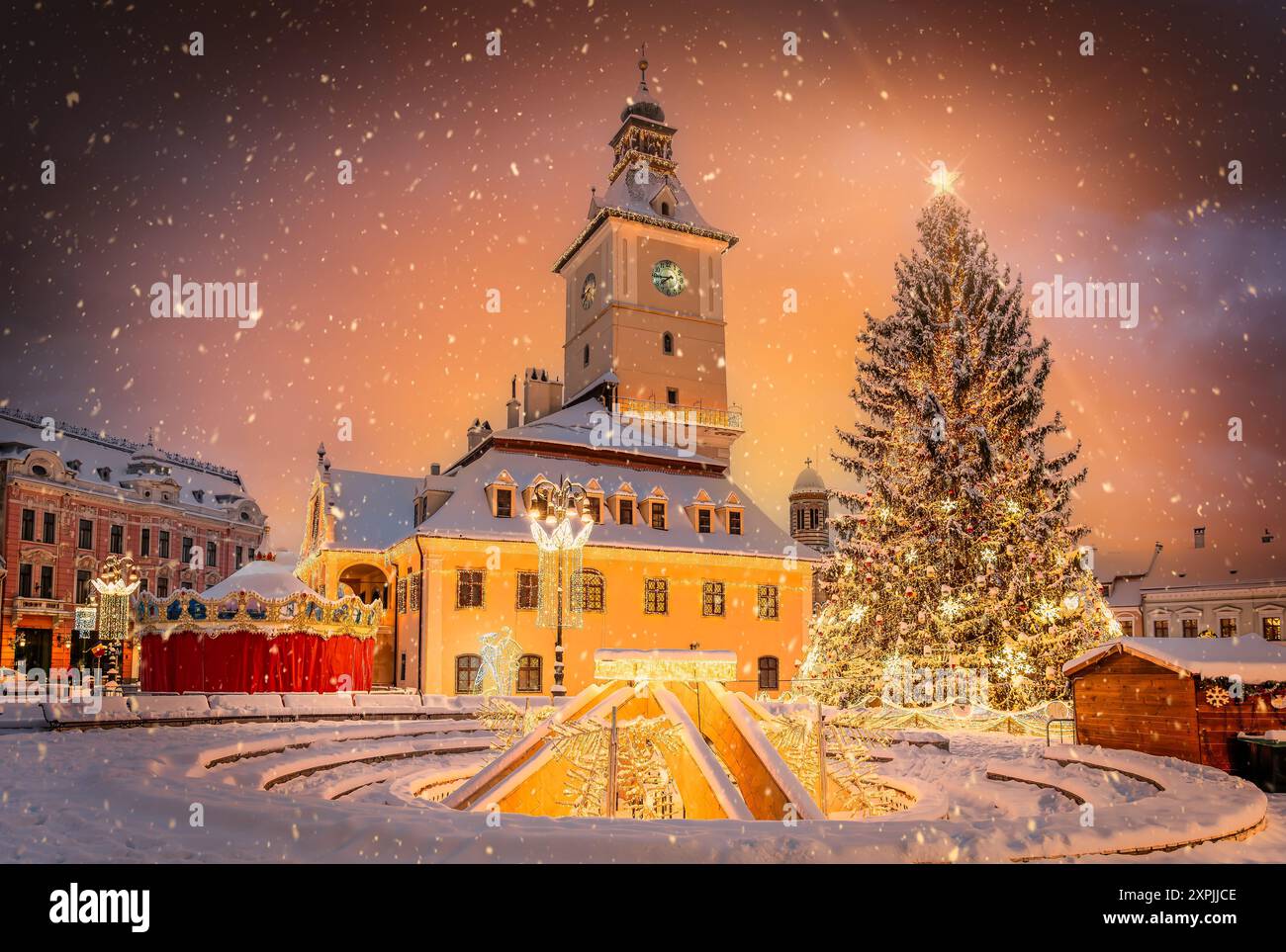 Christmas market and decorations tree in center of Brasov town ...