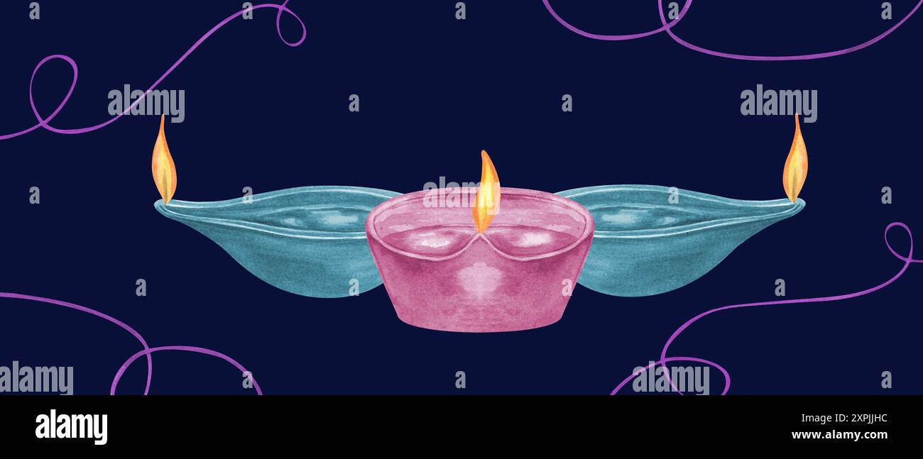 Three Diya Lamps with dancing flames. Turquoise and pink oil candles ...
