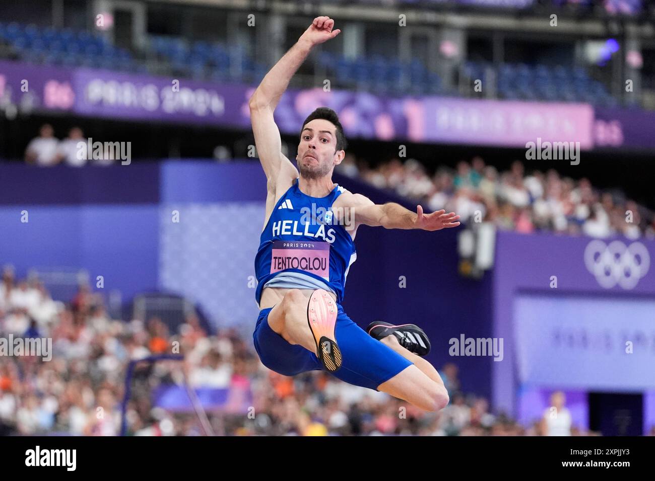 Miltiadis Tentoglou, of Greece, competes during the men's long jump ...