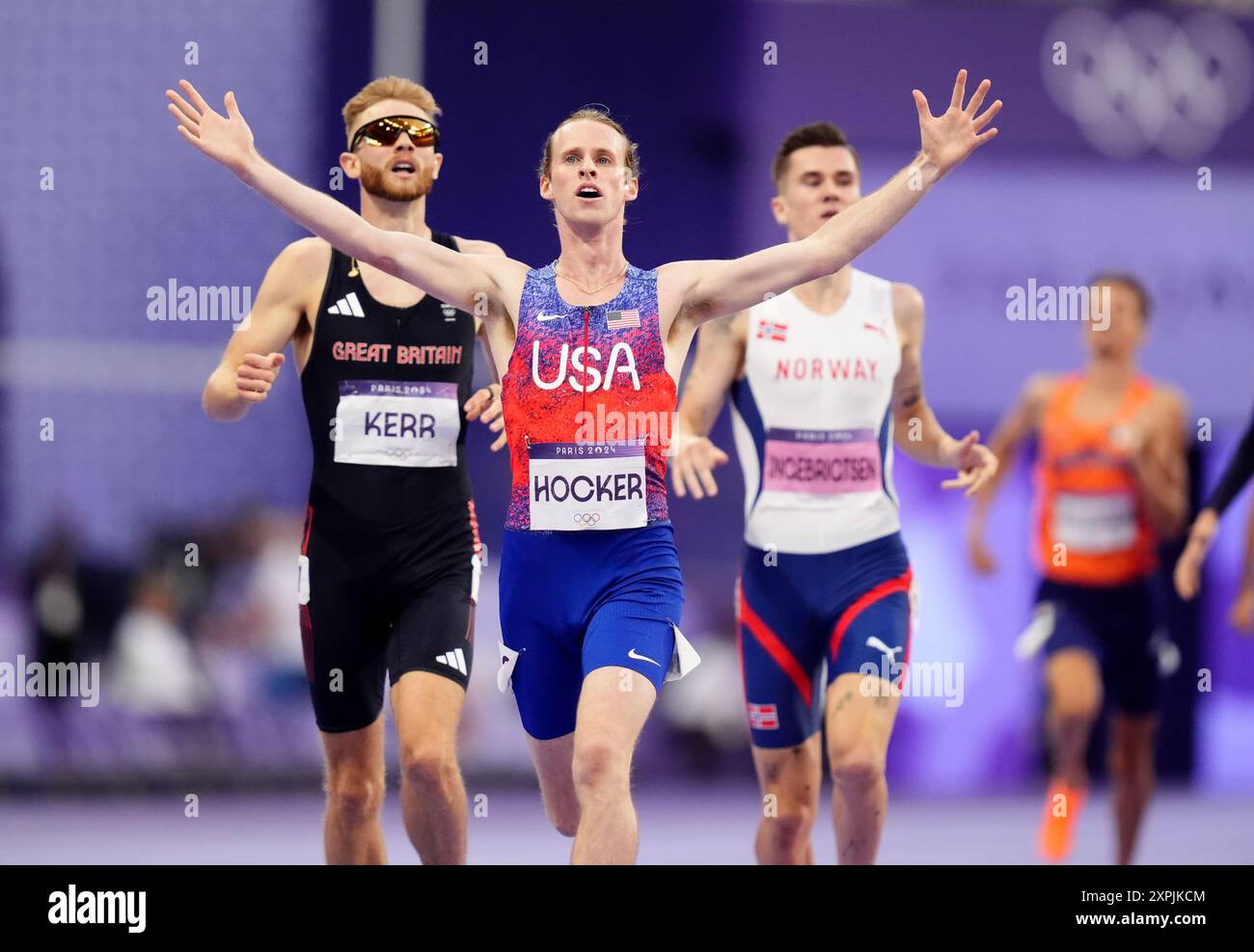 USA's Cole Hocker celebrates winning the Men's 1500m Final at the Stade ...