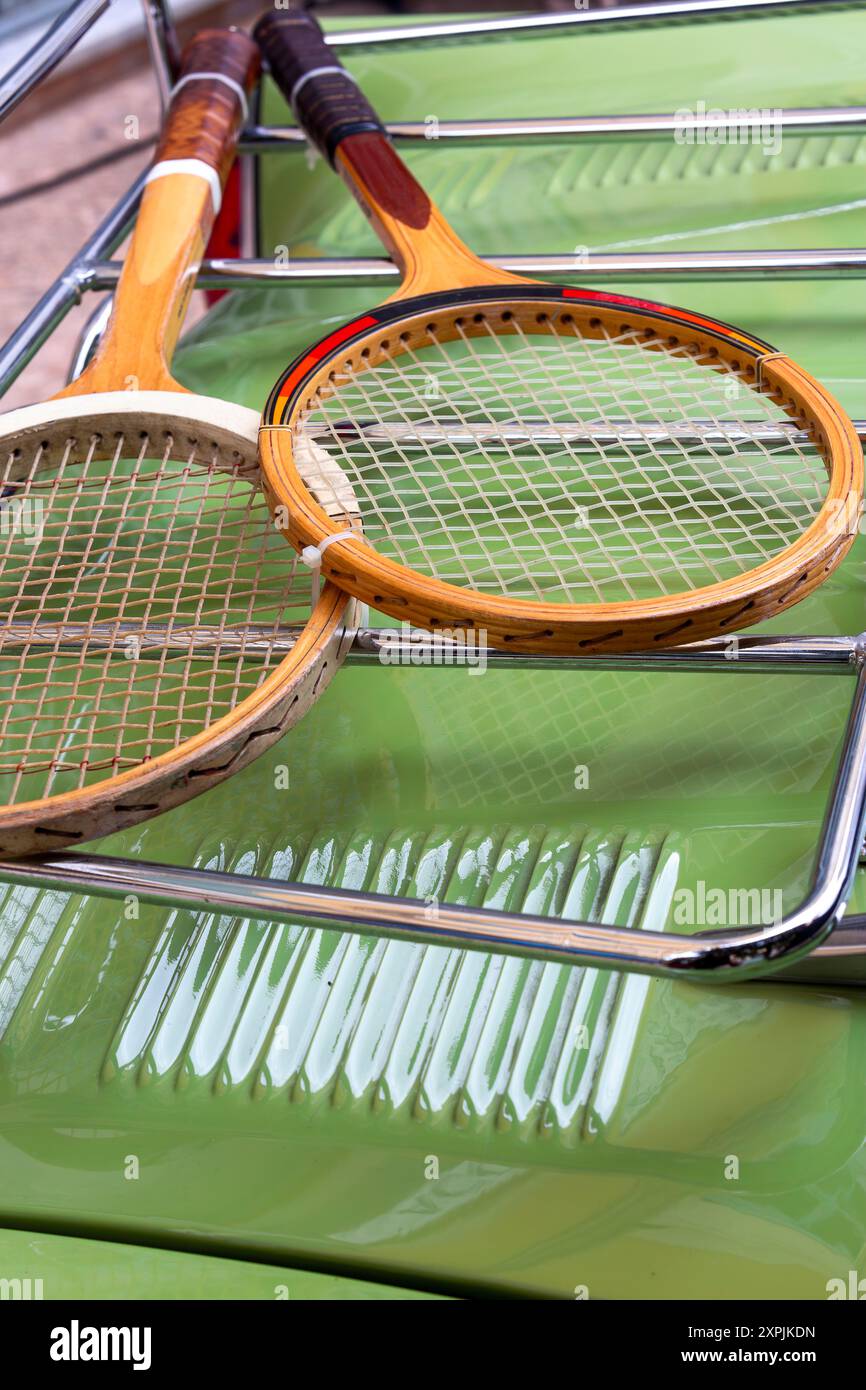 Vintage Tennis Rackets on Classic Car Bonnet Retro Sports Gear Display ...