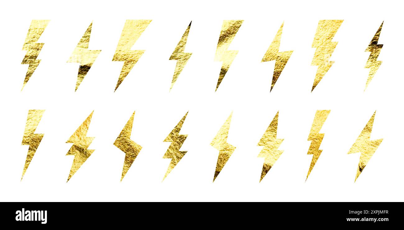 Golden lightning bolt icons collection. Gold foil texture. Flash symbol ...