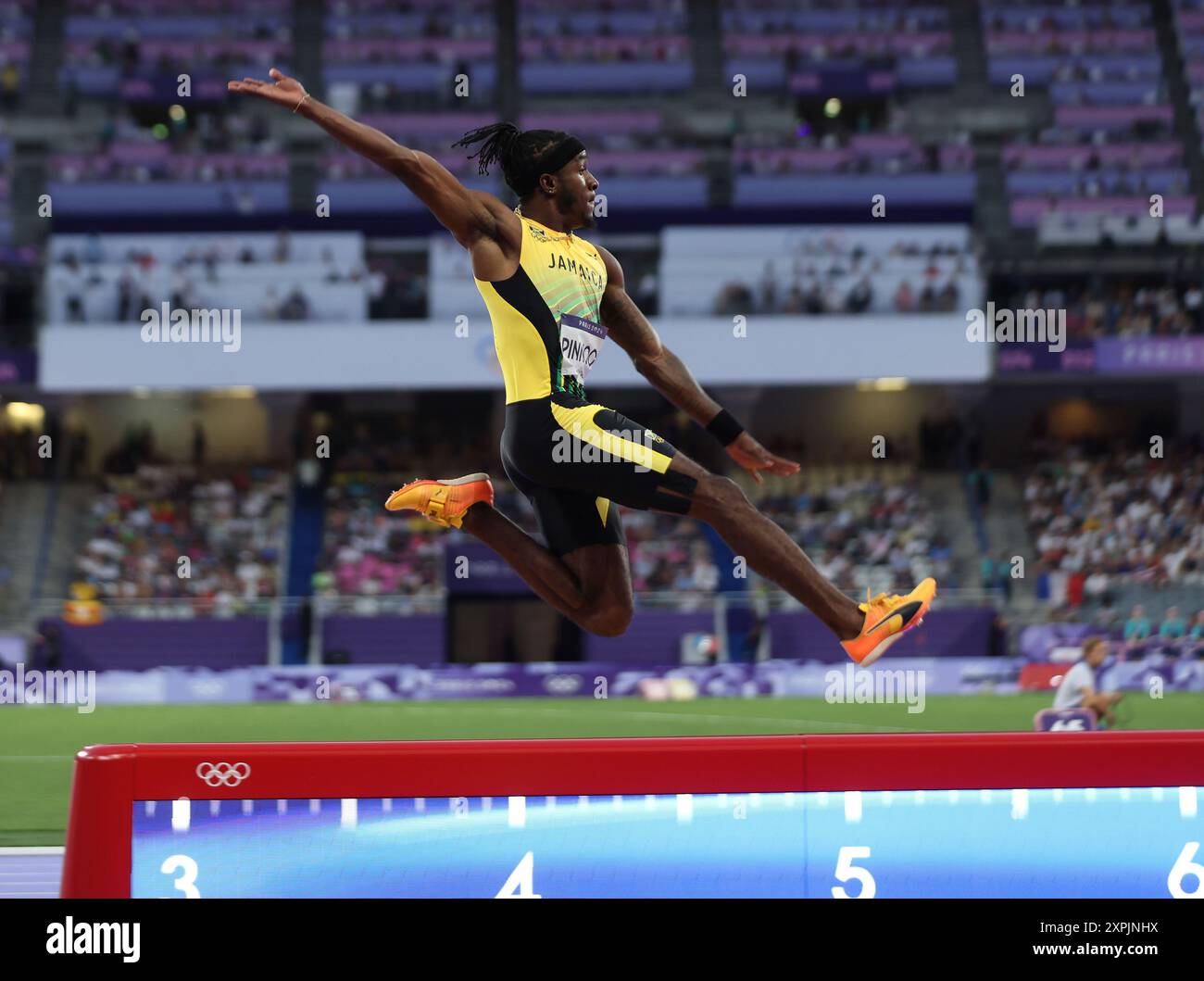 Paris, France. 06th Aug, 2024. Jamaica's Wayne Pinnock jumps in the ...