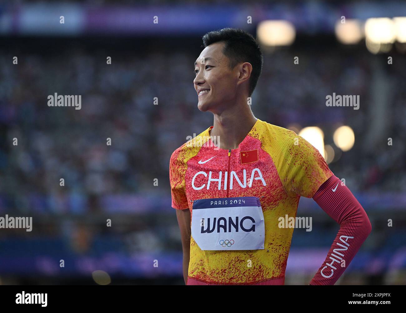 Paris, France. 6th Aug, 2024. Wang Jianan of China reacts during the men's long jump final of ...