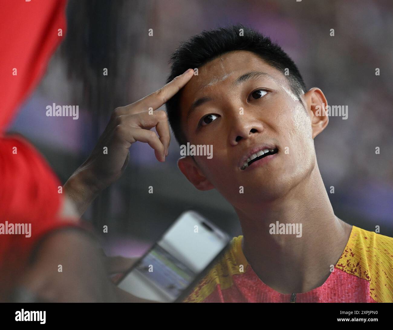 Paris, France. 6th Aug, 2024. Wang Jianan of China reacts during the men's long jump final of ...