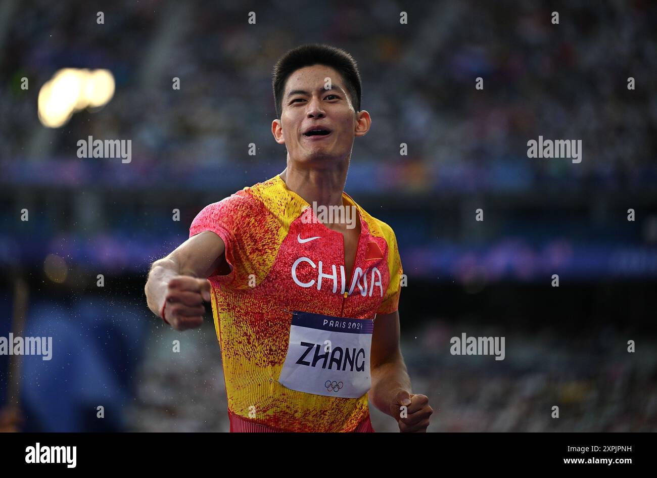 Paris, France. 6th Aug, 2024. Zhang Mingkun of China reacts during the men's long jump final of ...